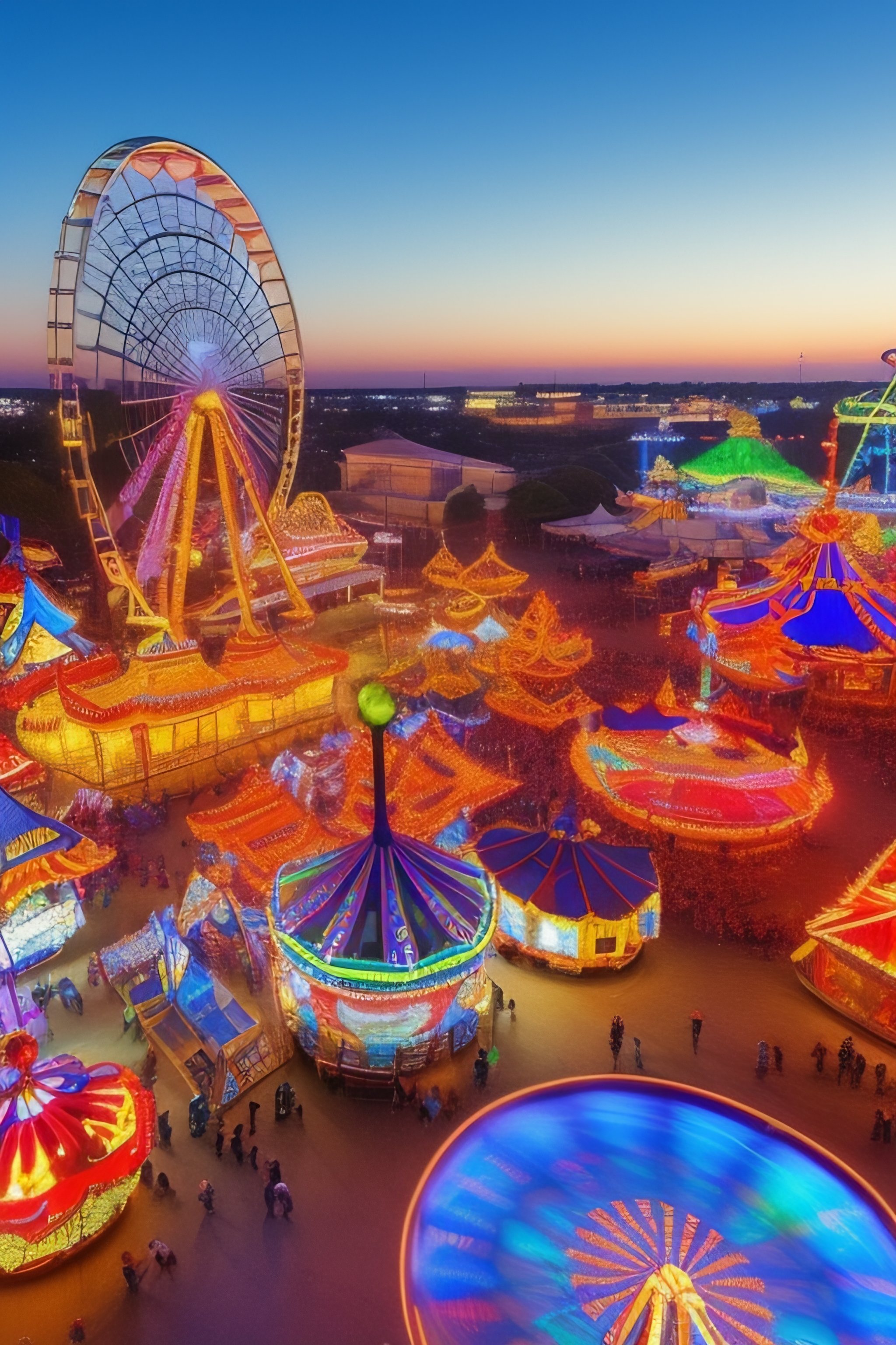 Lexica - An ariel view of fun fair carnival at night with many rides ...