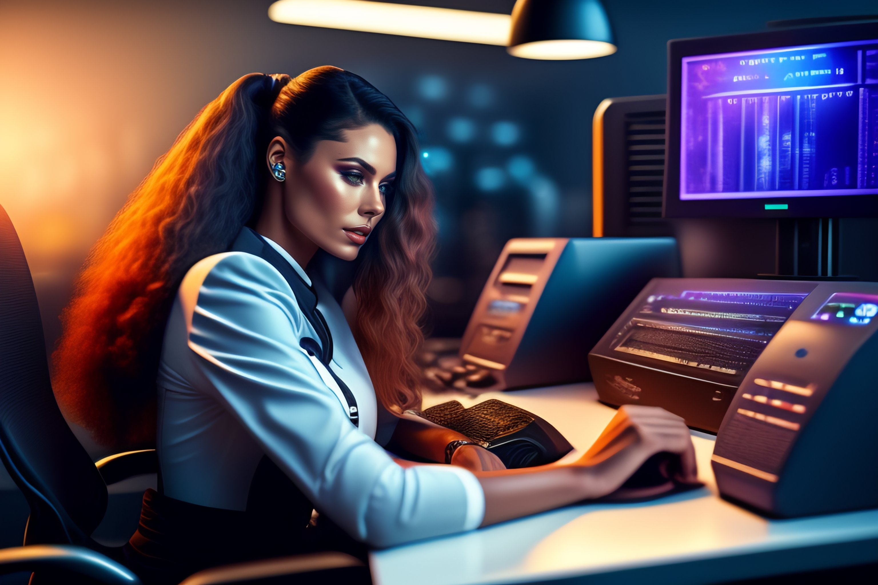 Lexica - Attractive female cyborg sitting at a computer desk working on ...