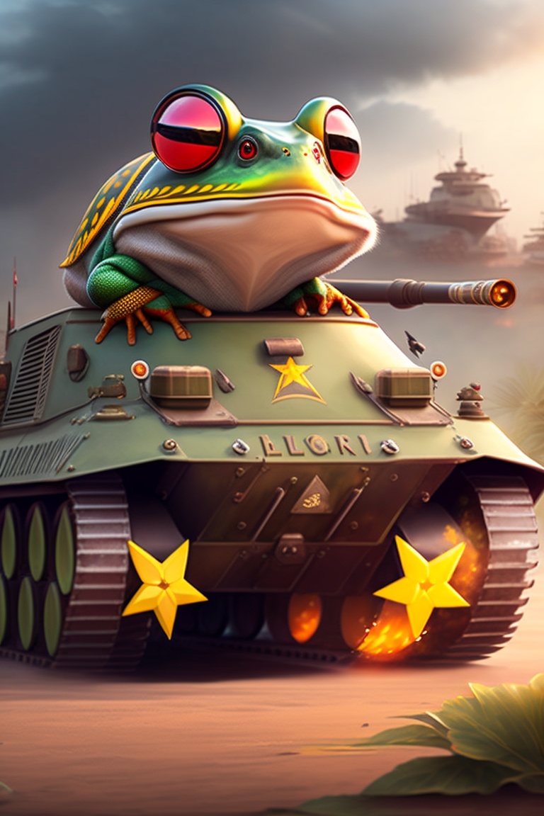Lexica - A frog wears a military uniform, drives a tank with a bazooka ...