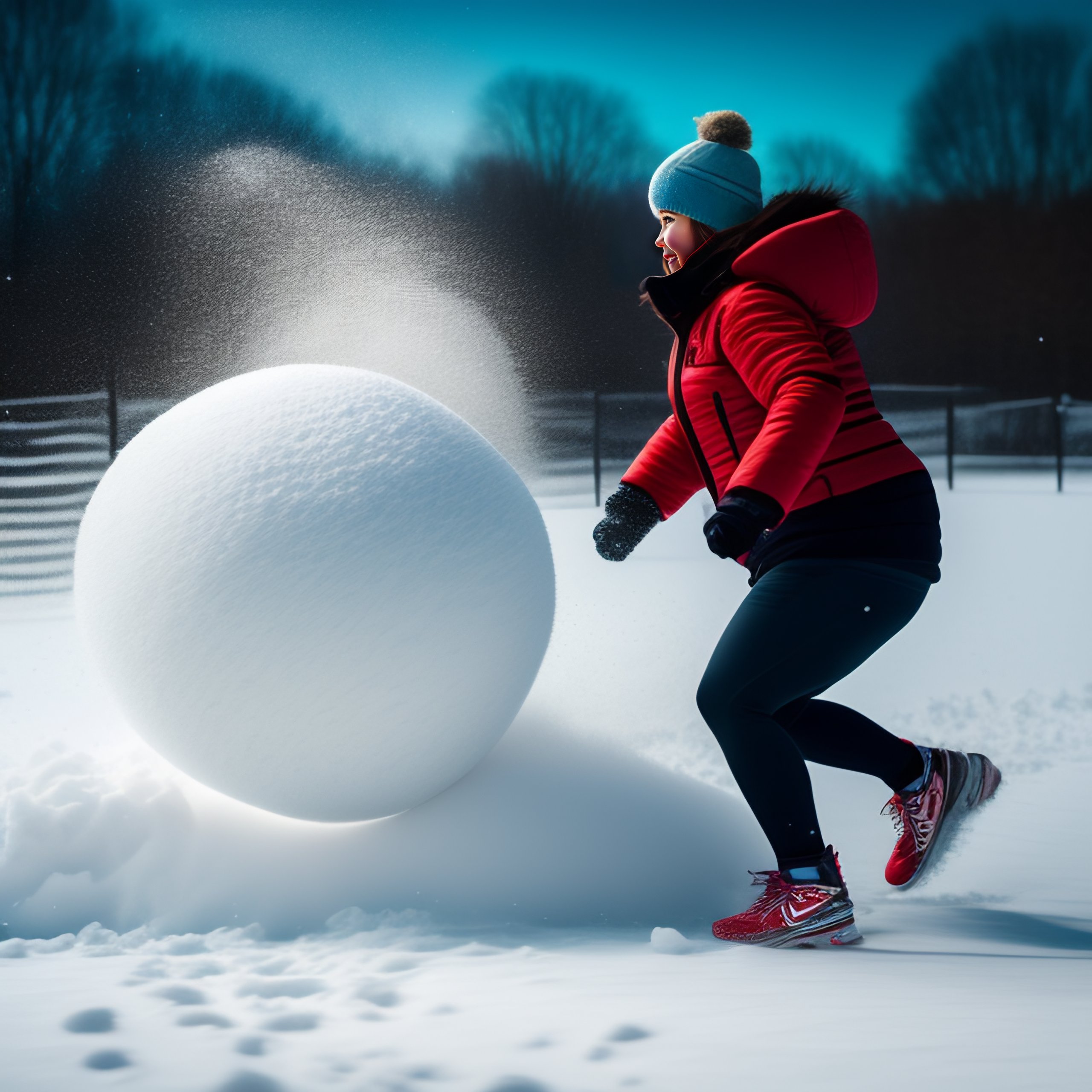 Lexica - A woman throwing snowballs at 3 kids running by a swing set in ...