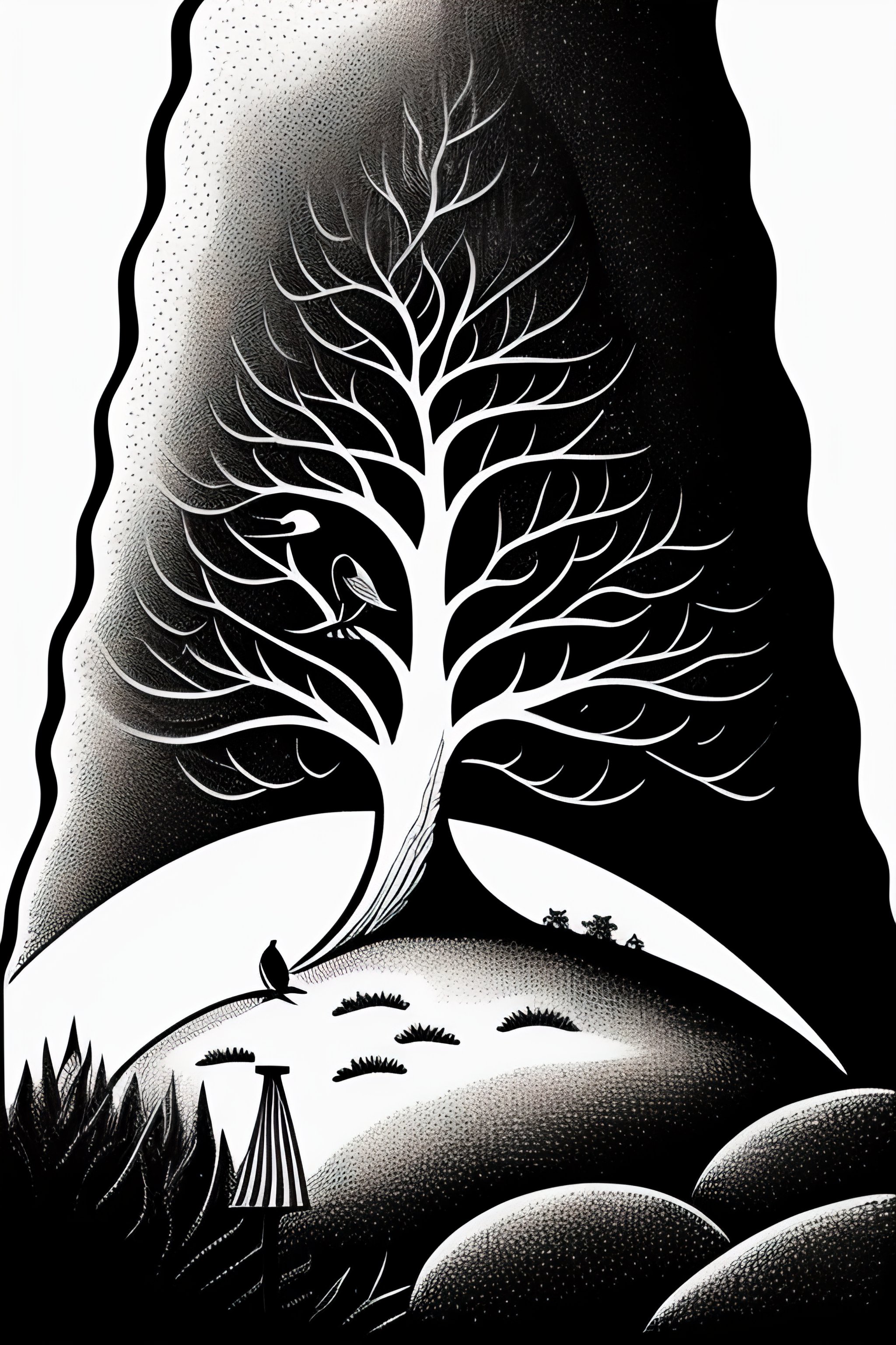 Lexica - A alone tree. pen and ink, birds eye view, illustrated by ...