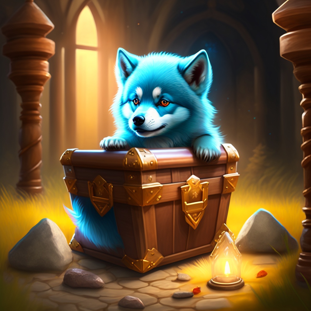 Lexica - Cute wolf cub monster guarding treasure chest, medieval background