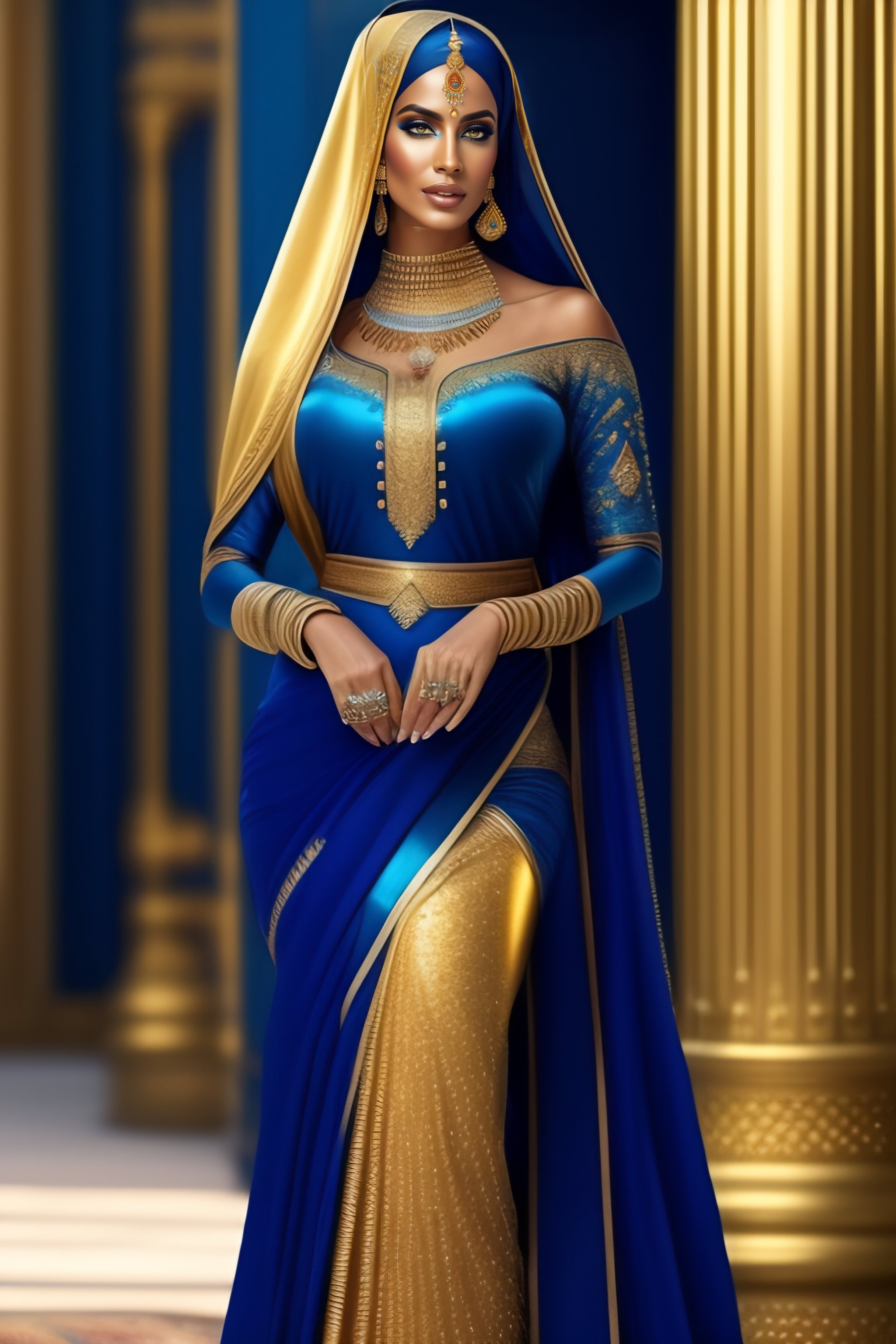 Lexica - Arabian princess wearing blue clothes and gold, full-body view ...