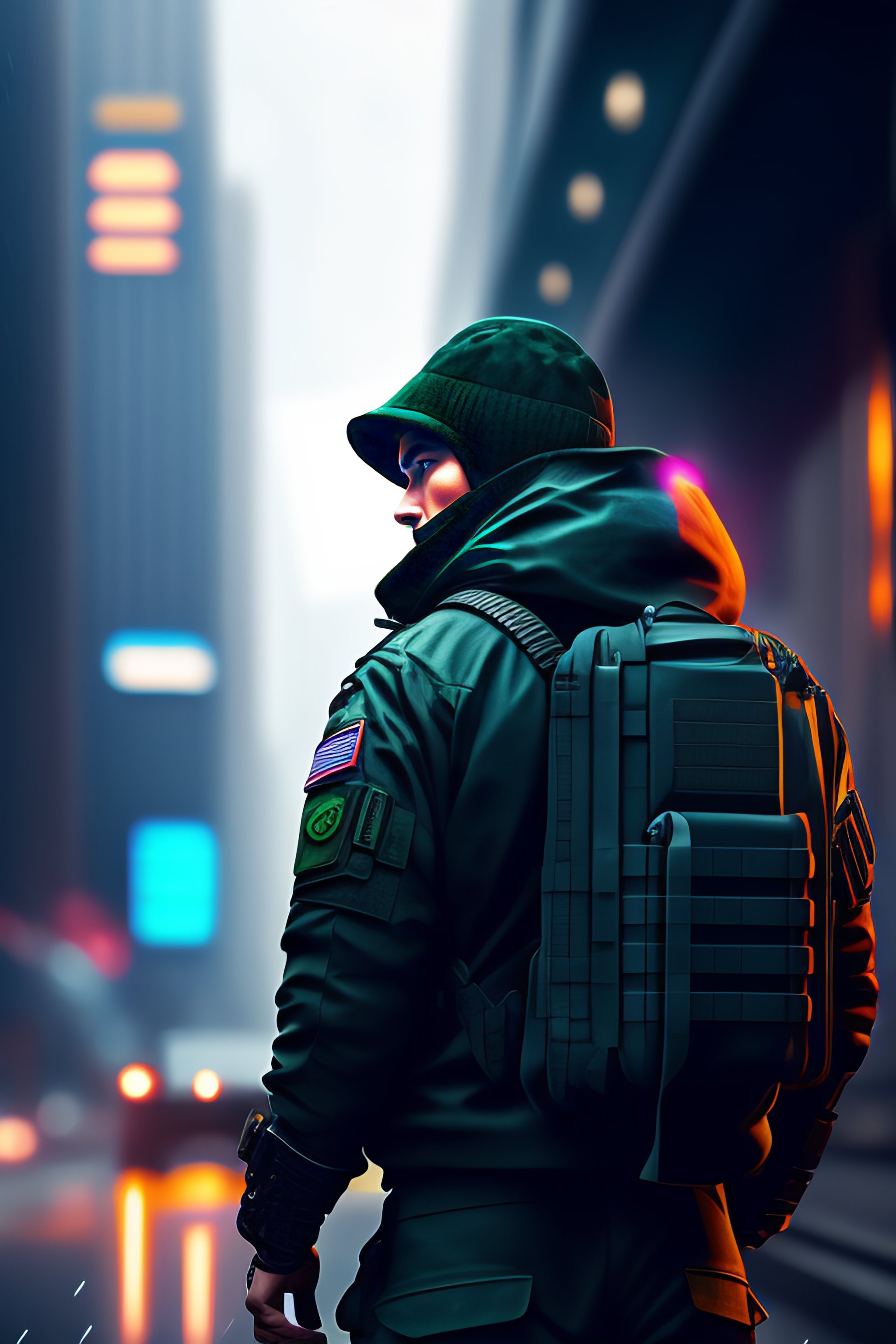 Lexica - Hacker soldier, full body, tactical armor, rifle, Neon, Movie ...