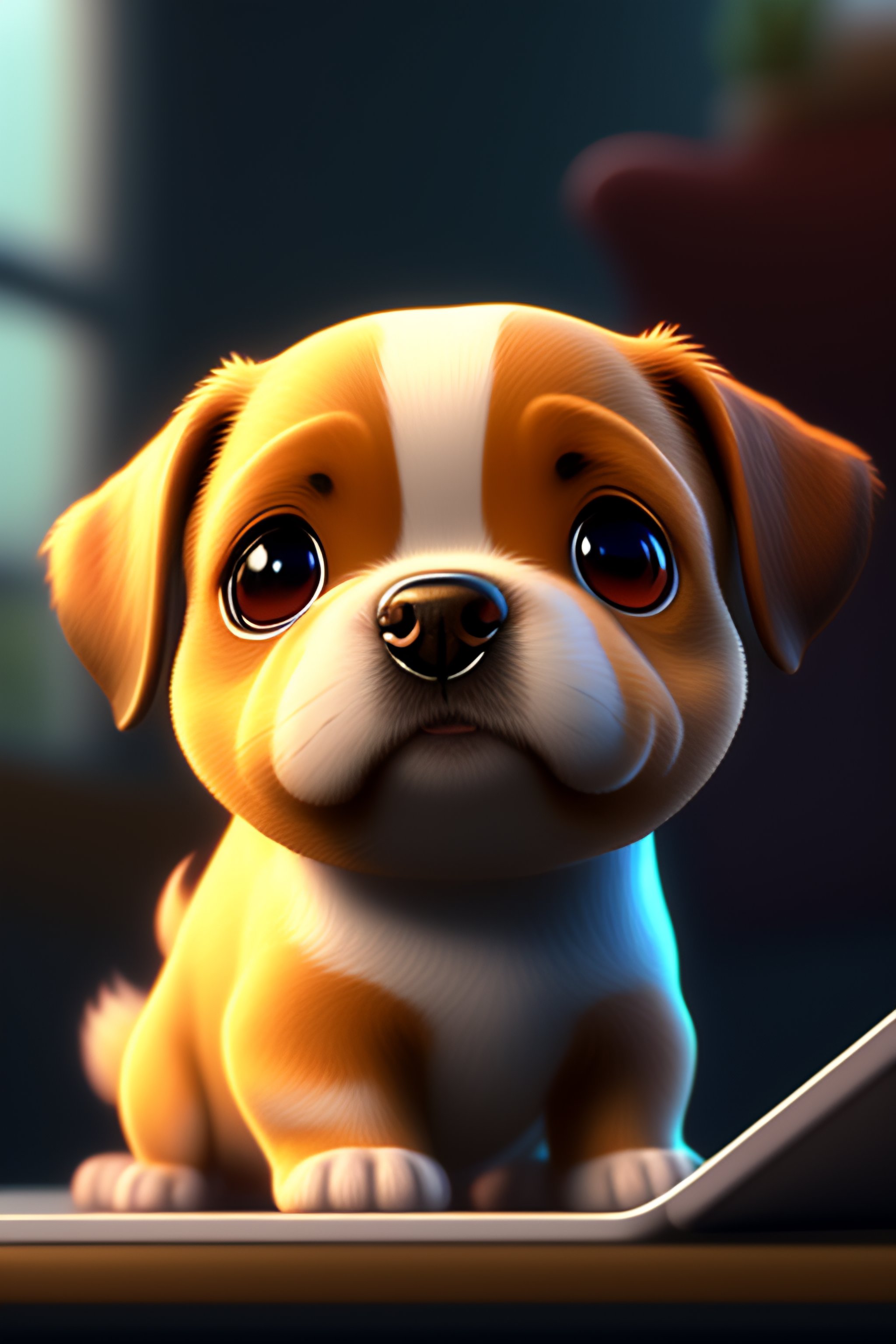 Lexica - Cute small happy humanoid dog sitting in front of laptop ...