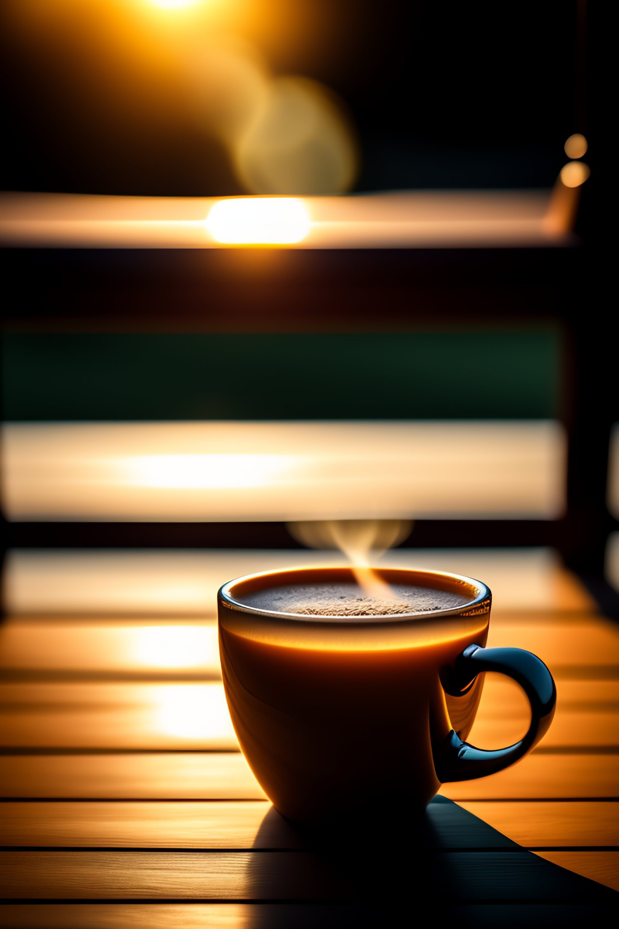 Lexica - This photograph shows a cup of hot coffee on a wooden table in ...