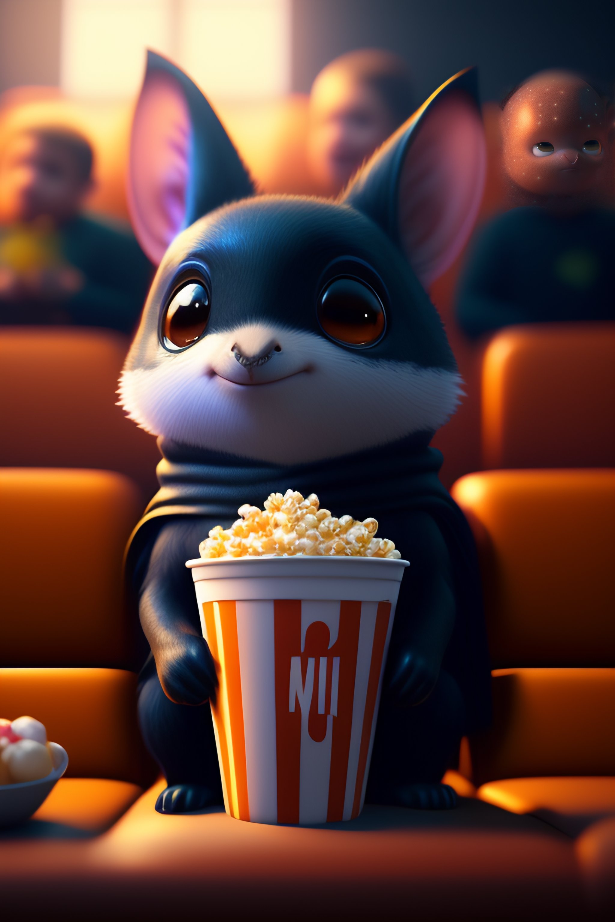 Lexica - Cute small humanoid bat sitting in a movie theater eating ...