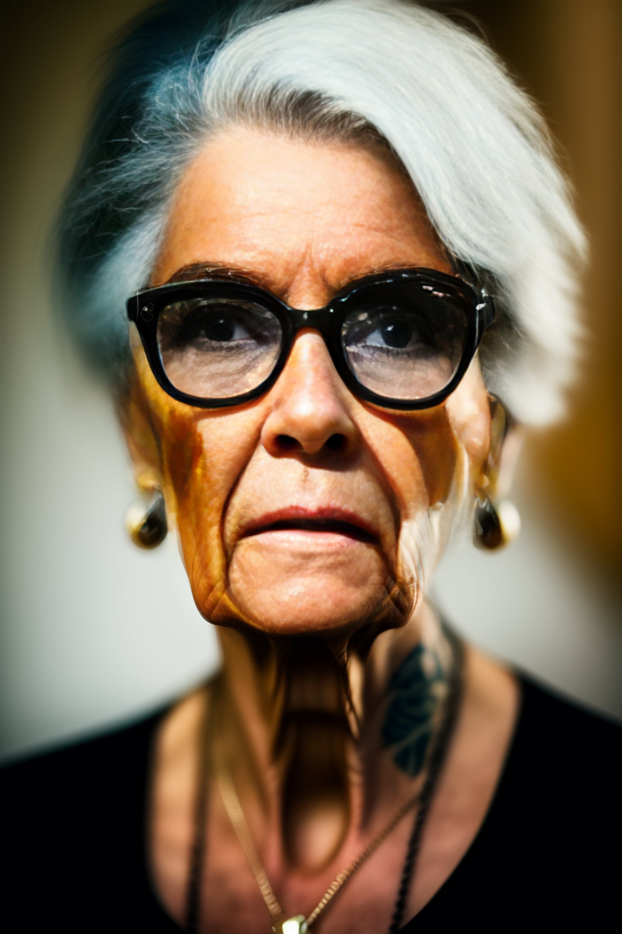 Lexica - Portrait of a grumpy mean scowl old woman biker tattoos very ...