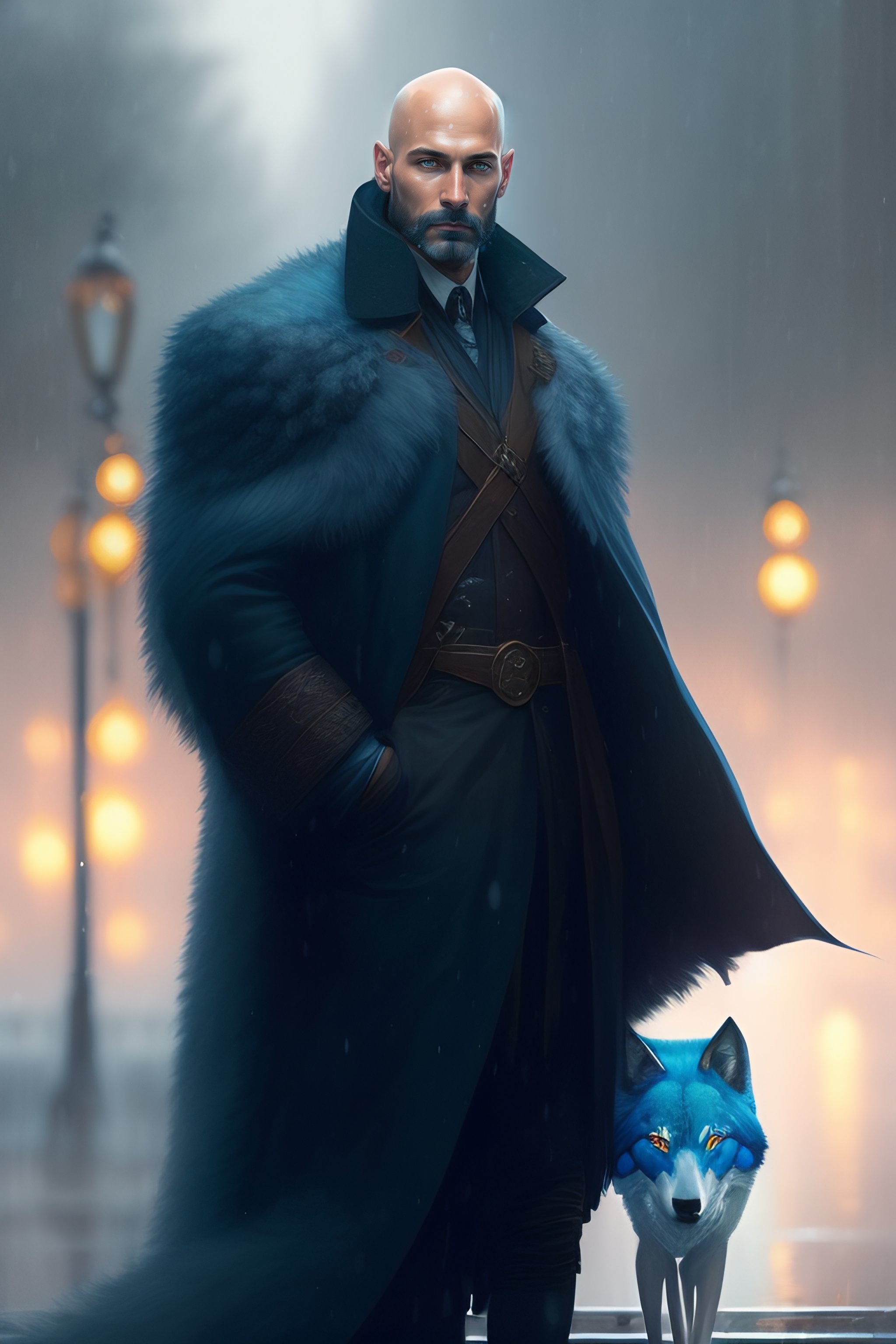Lexica - Detailed illustration of a bald blue man with a wolf pack ...