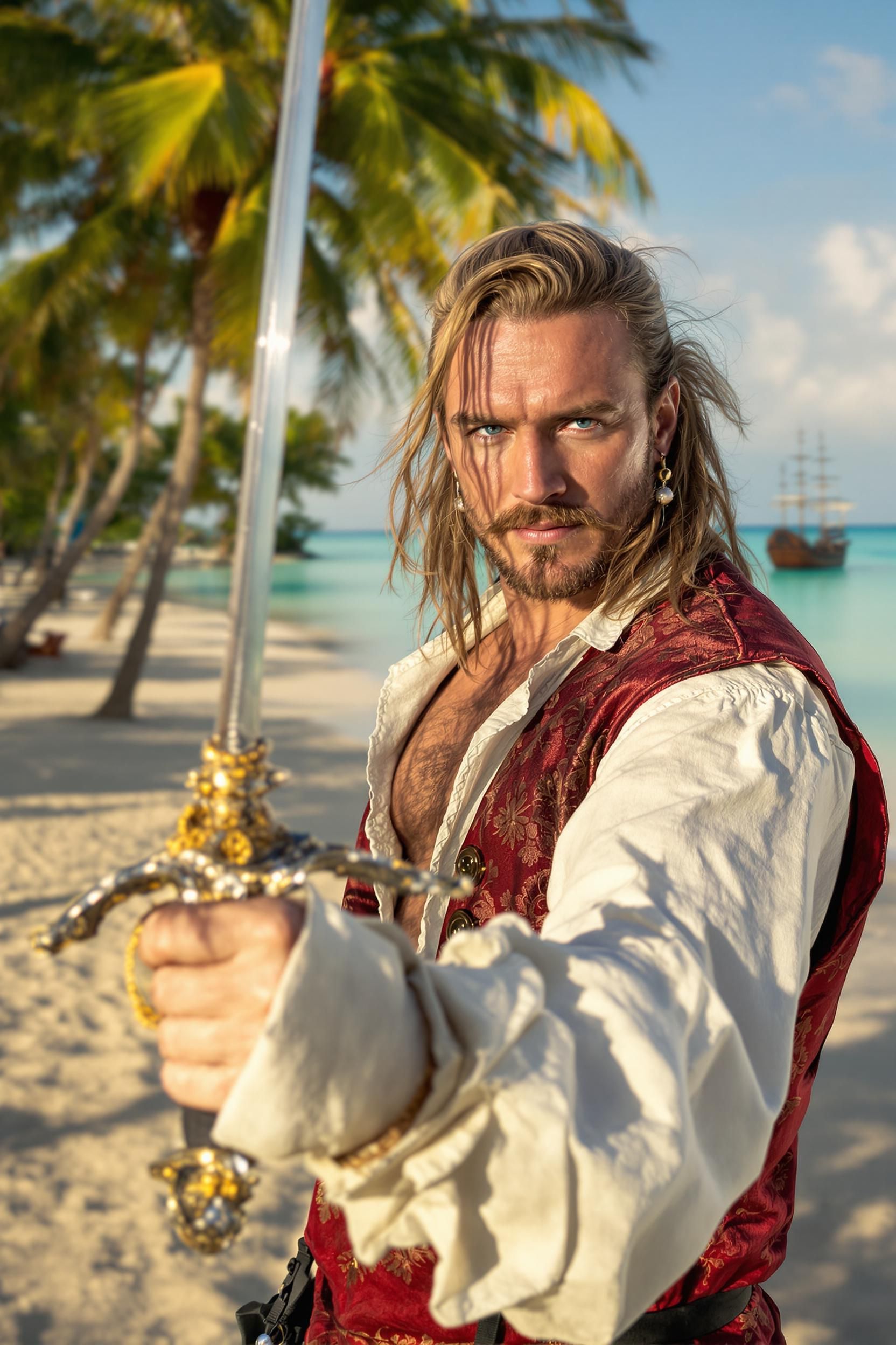 Lexica - Holding a rapier an adult male pirate with long swept back ...