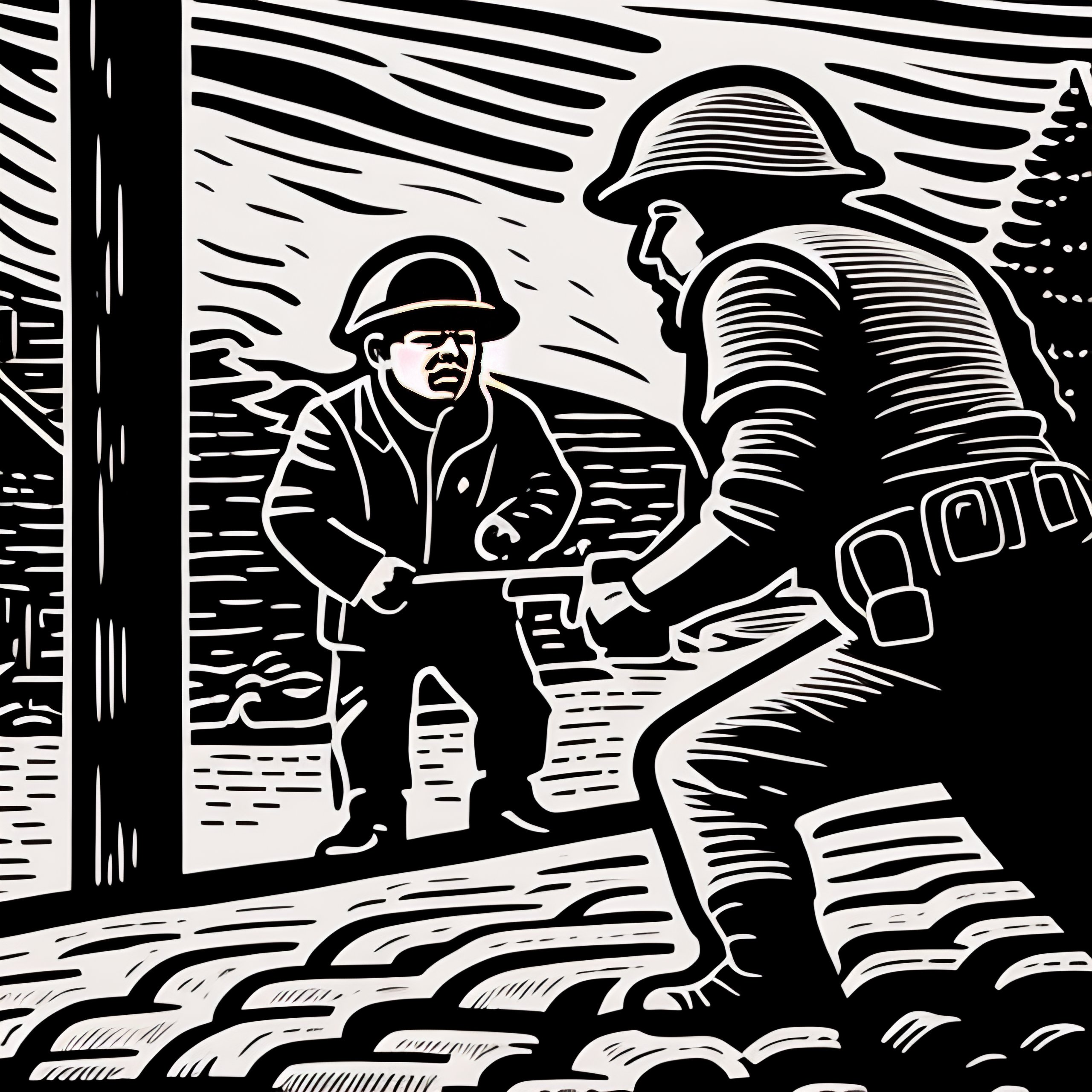 Lexica - An award winning linocut of a villager defending from the invader