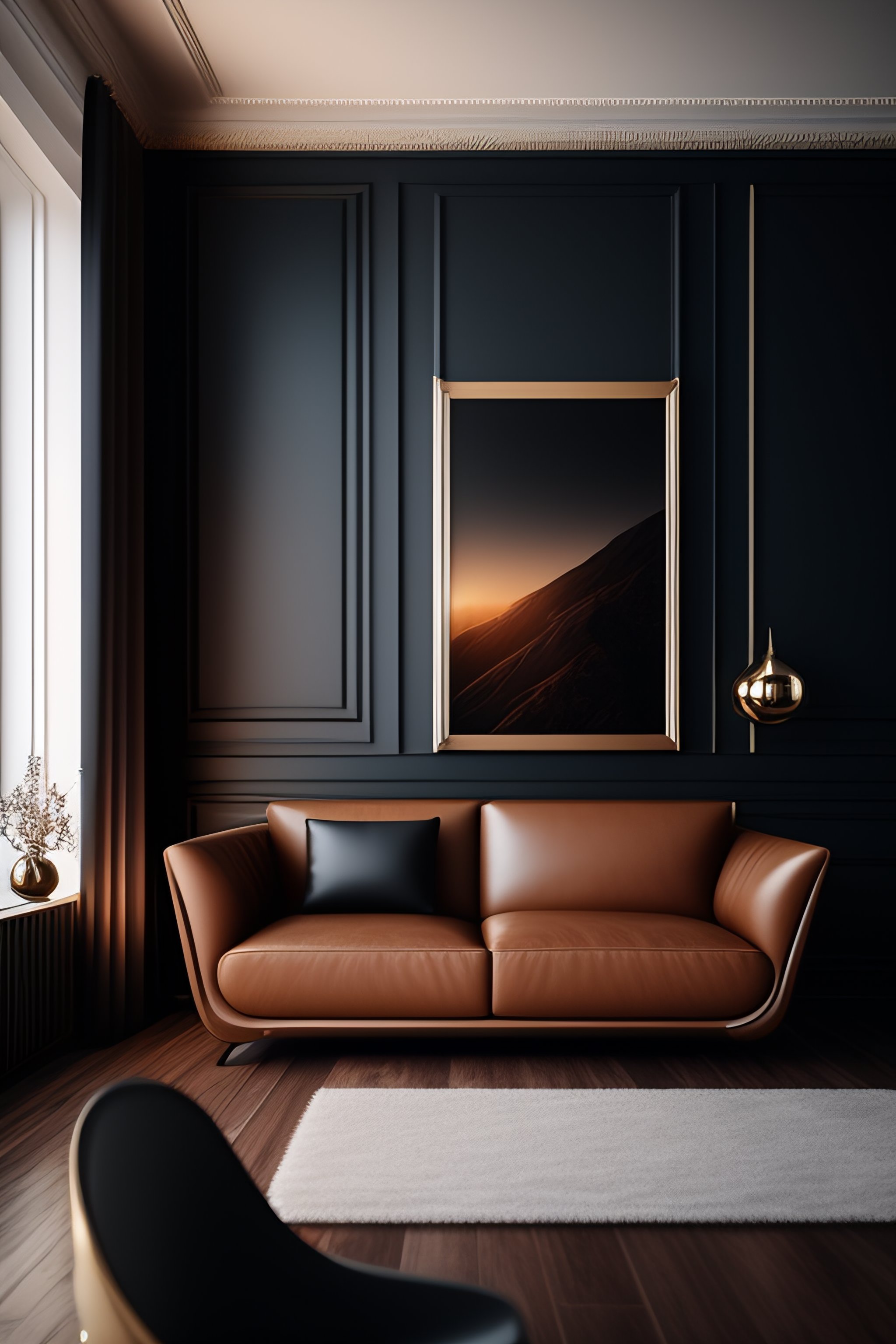 Lexica - Room with dark wall color and a leather couch, above a noble ...
