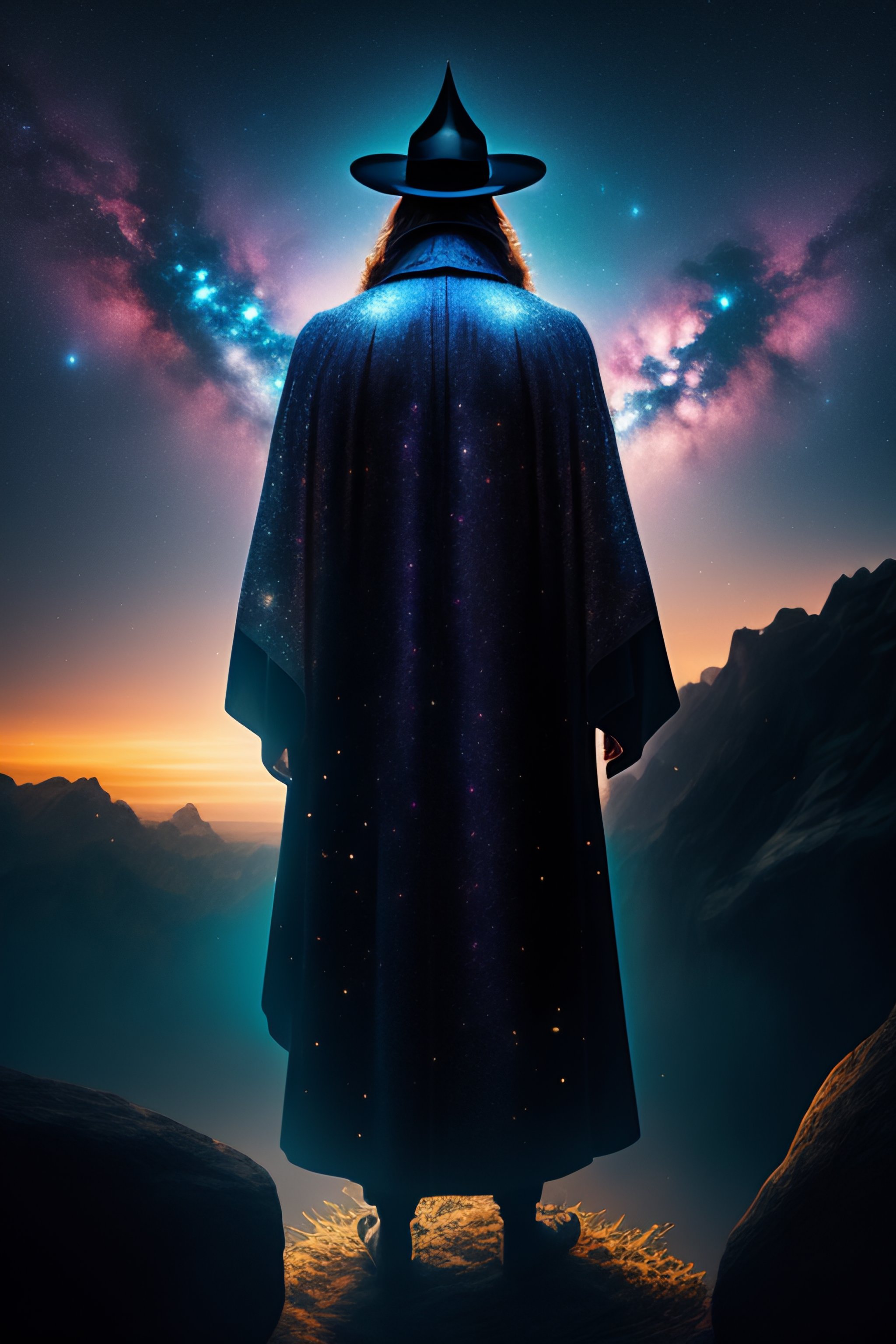 Lexica - Silhouette of a wizard in a glittering robe and broad-brimmed ...