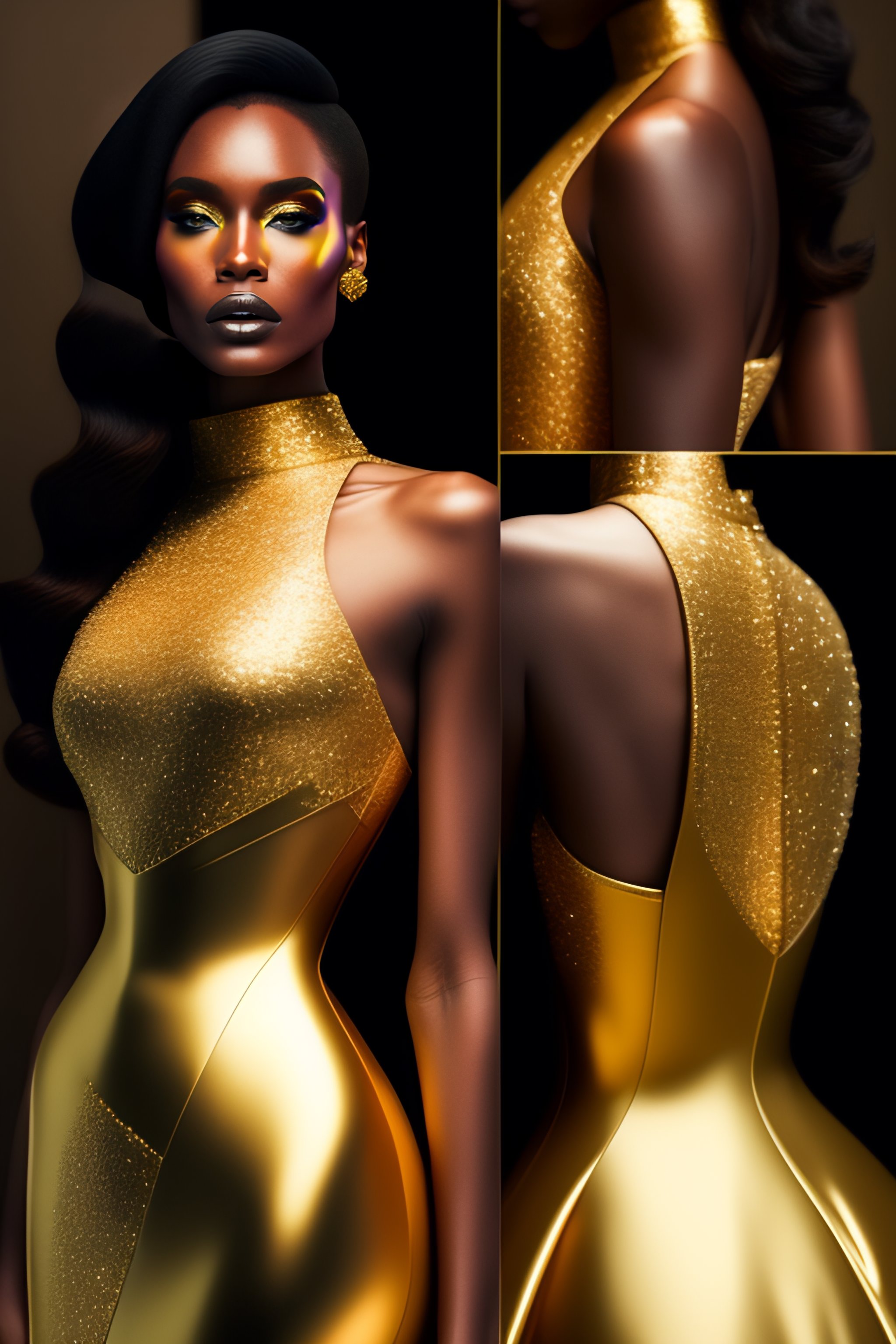 Lexica - Create a futuristic elegant and haute couture evening dress for women that has black ...