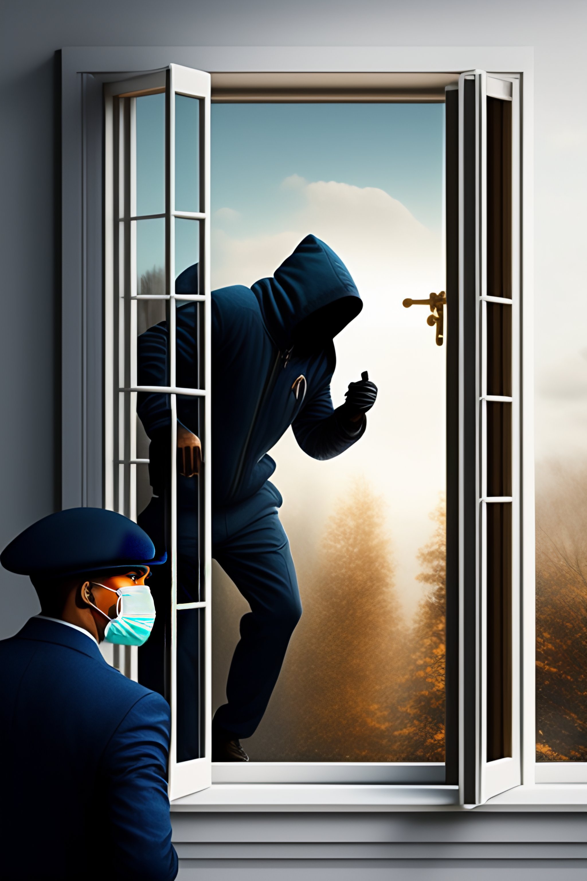 Lexica - Masked robber escaping out of a house by a window holding the ...