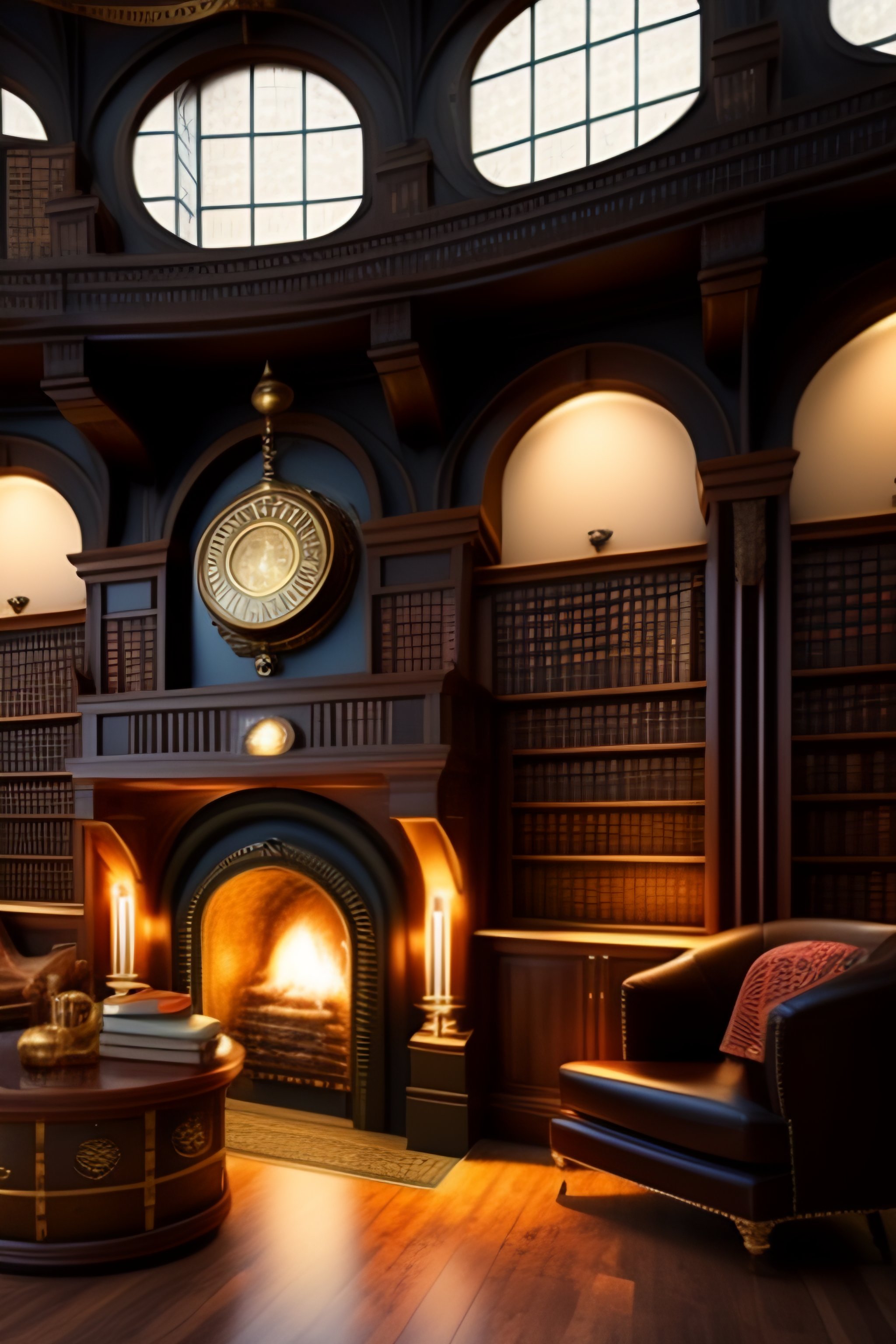 Lexica - Steampunk library with a giant fireplace