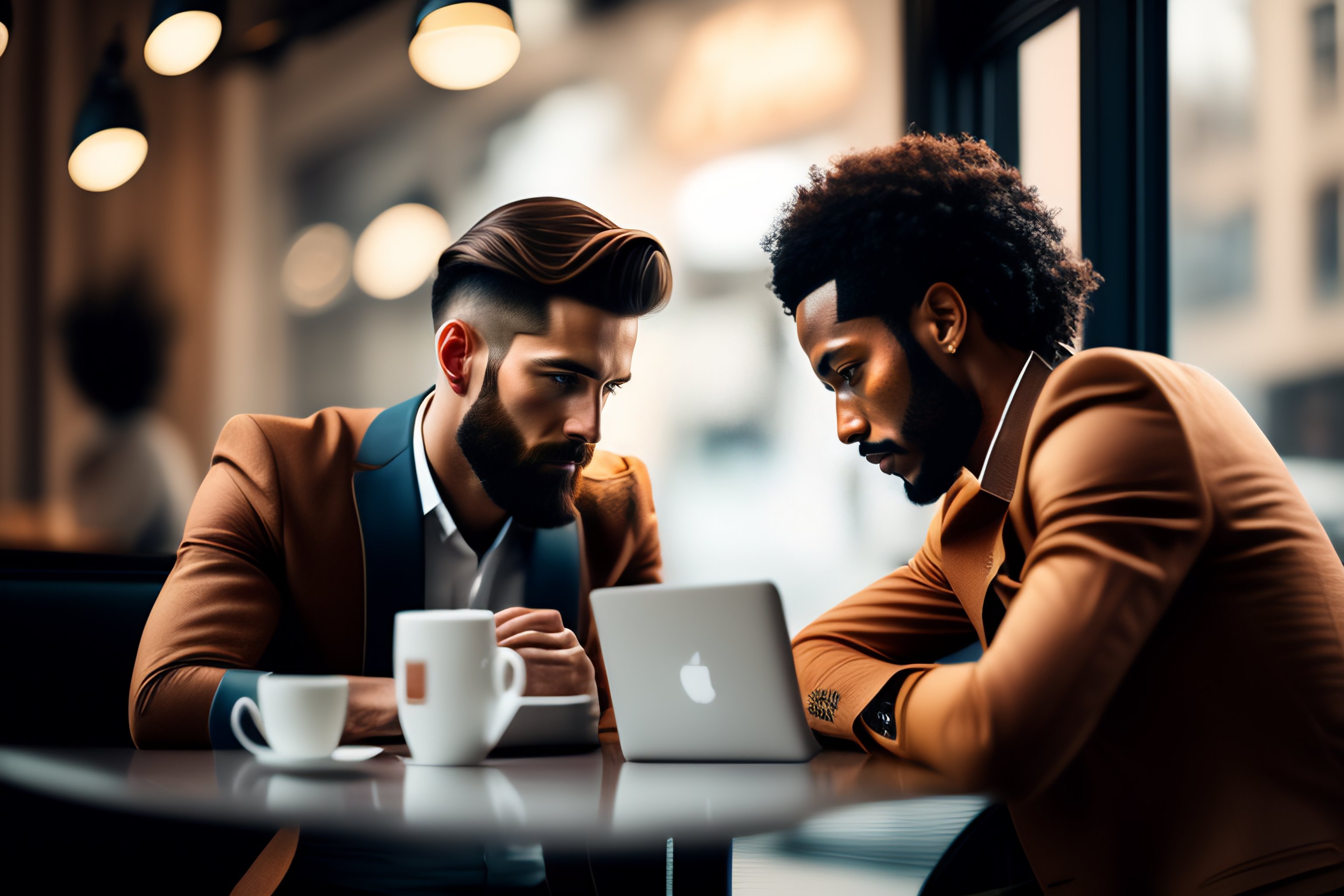 Lexica - Hipsters designers working on laptop in cafe, one is woman