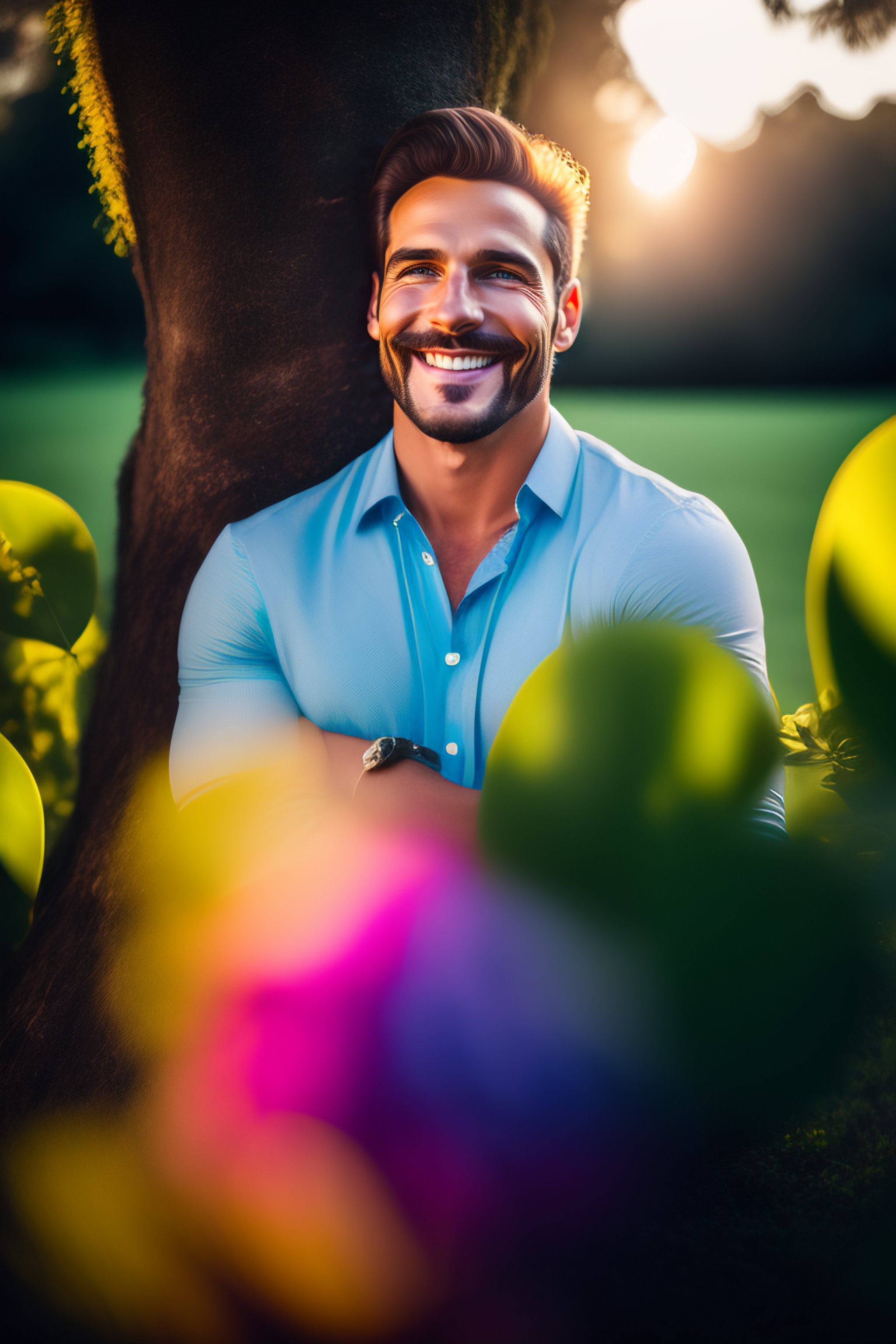 Lexica - A bright and happy photo of Mario Pacitti smiling in a lush ...