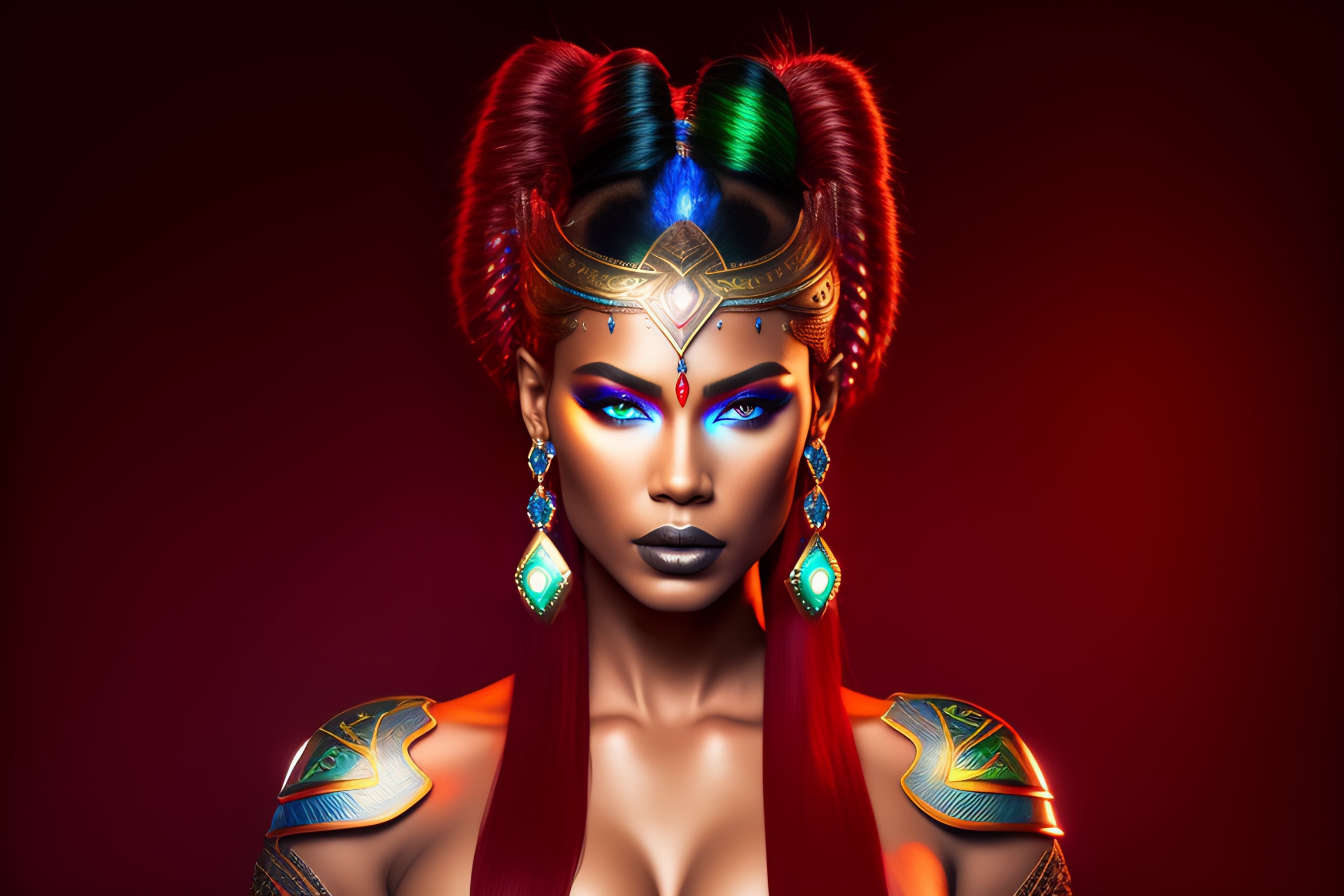 Lexica - Shimmer, the arch angel, hair braided black and red, eyes ...