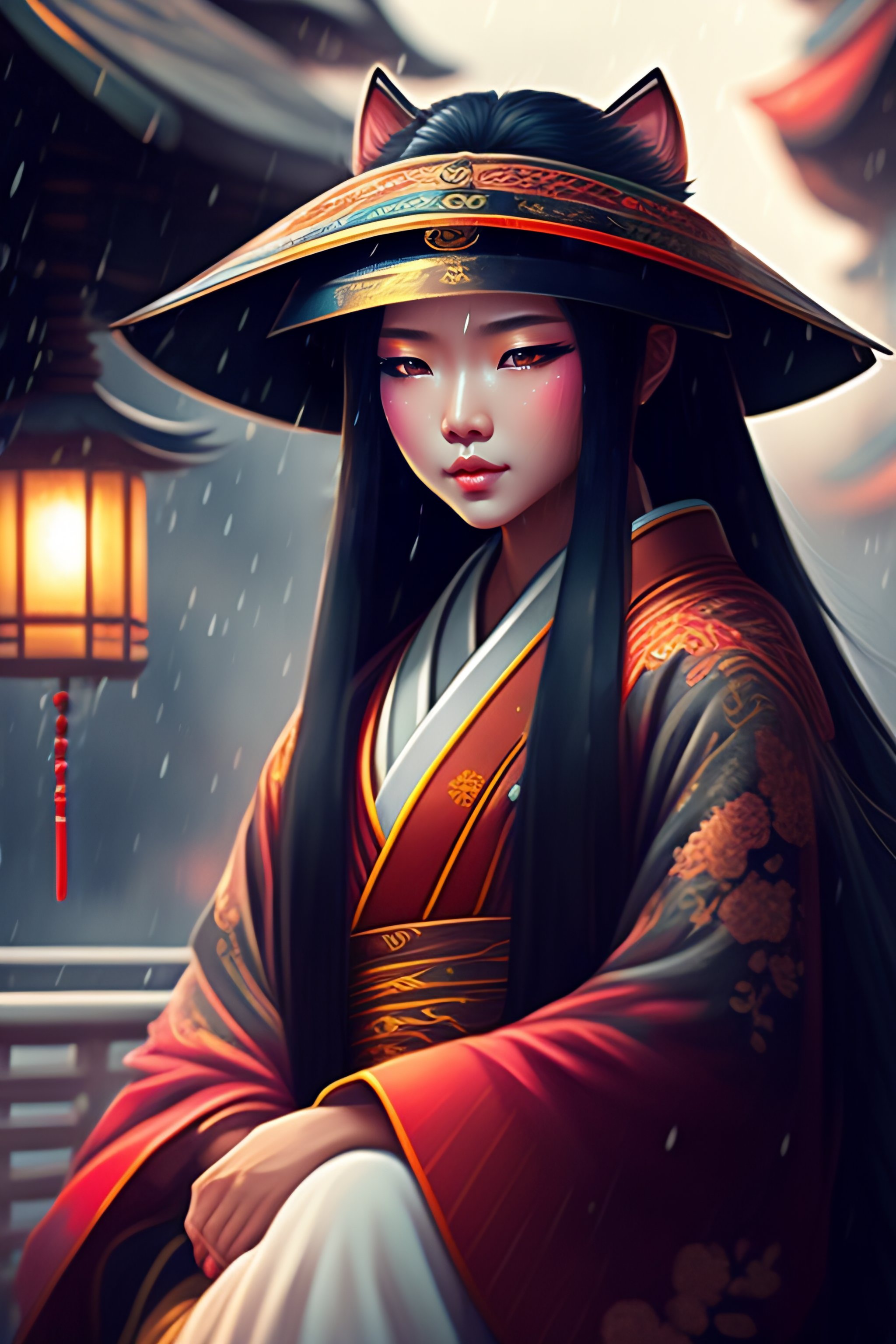 Lexica - Anime samurai girl standing in the rain wearing traditional ...