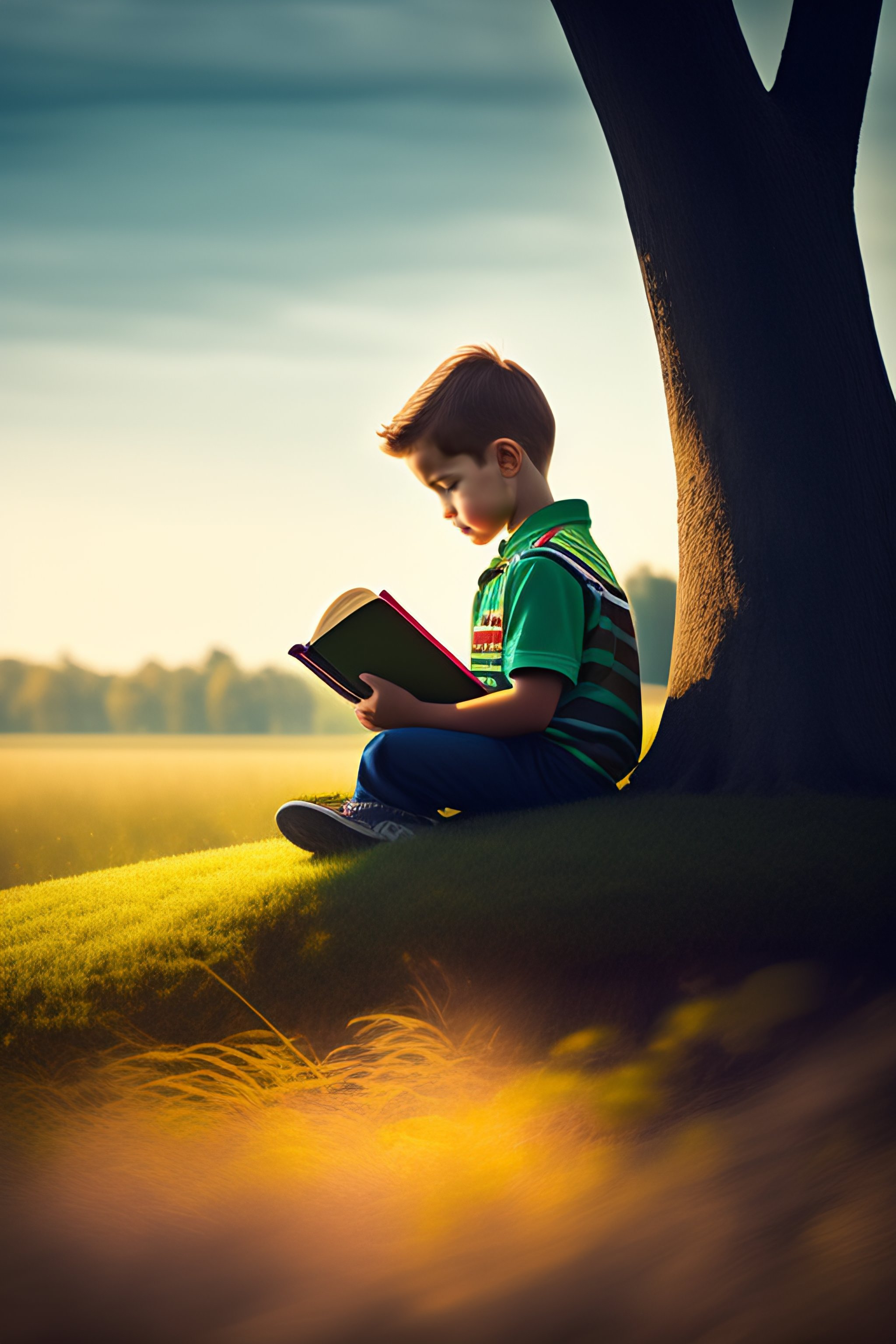 Boy Reading A Book Under The Tree