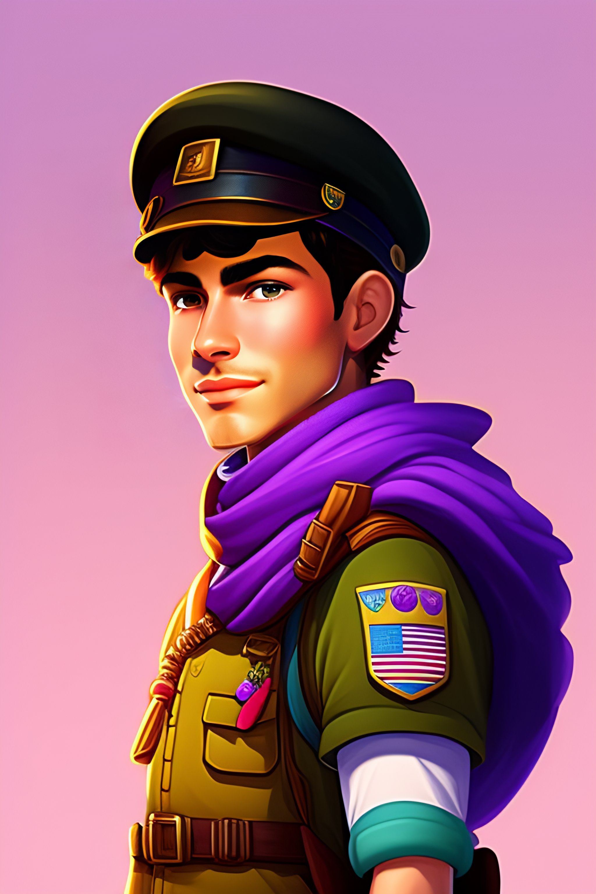 Lexica - Adventurer boy scout with purple scarf cartoon style