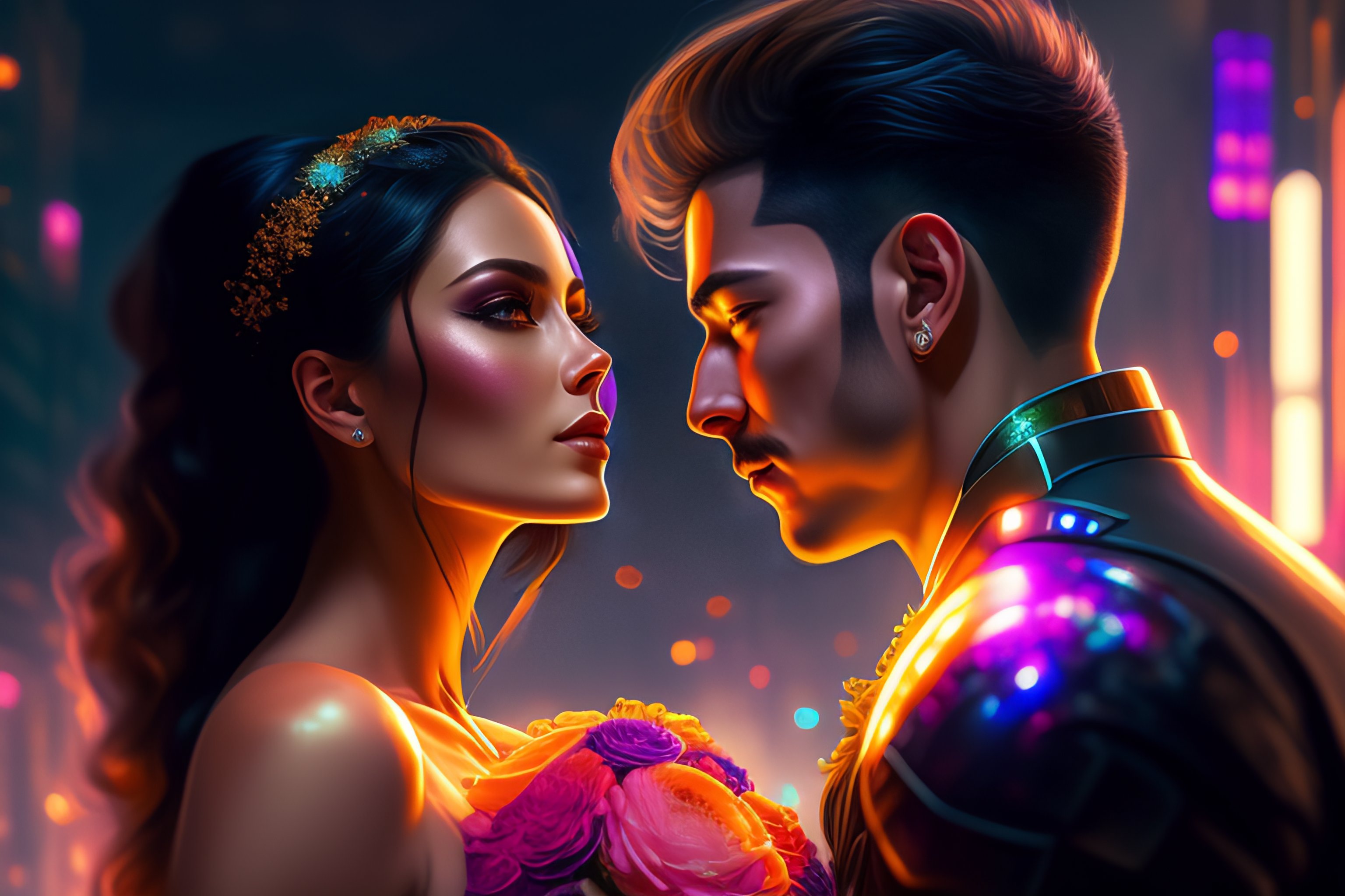 Lexica - An android man gives a bouquet of flowers to a beautiful human ...