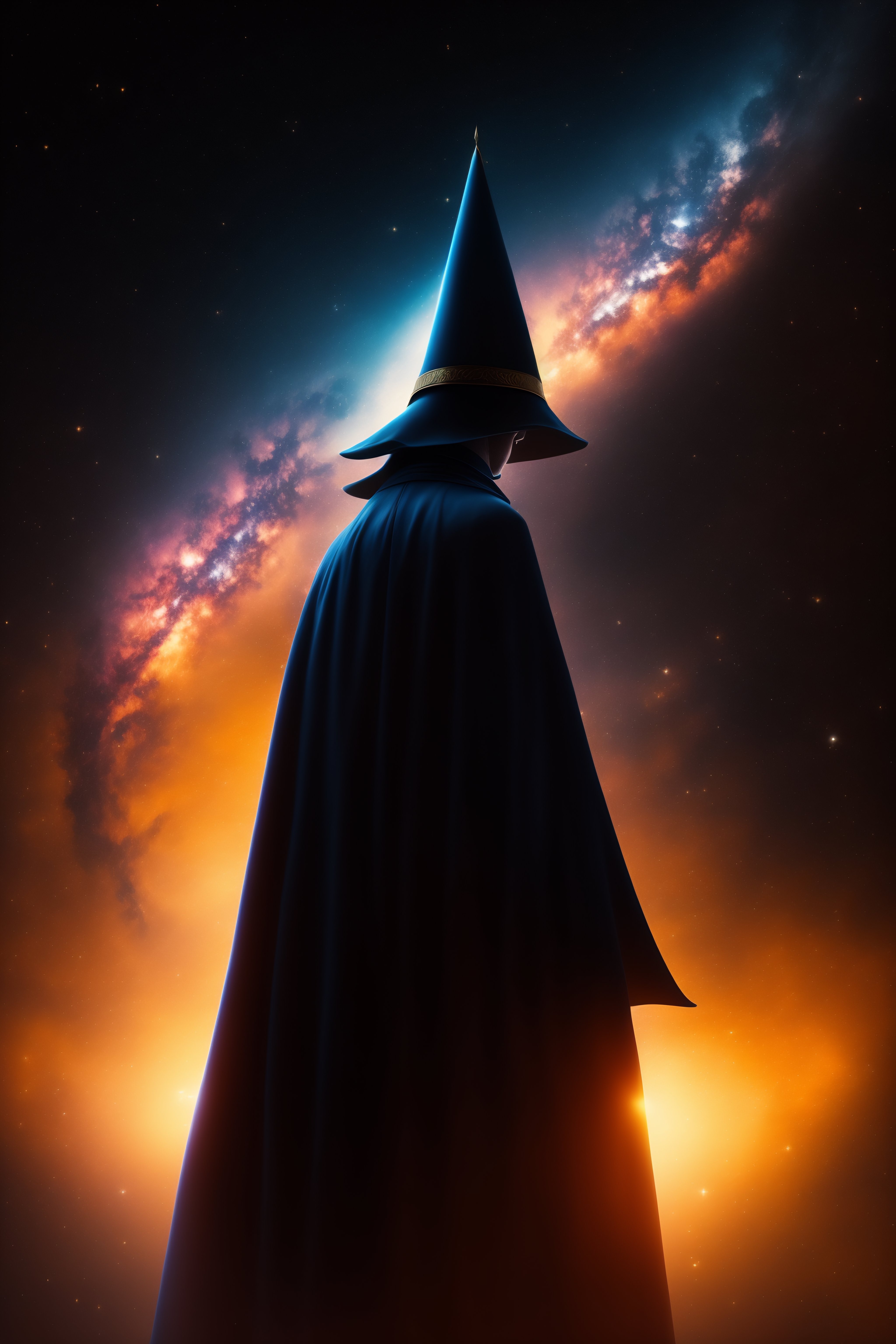 Lexica - Silhouette of a wizard in a robe and pointed hat on a ...