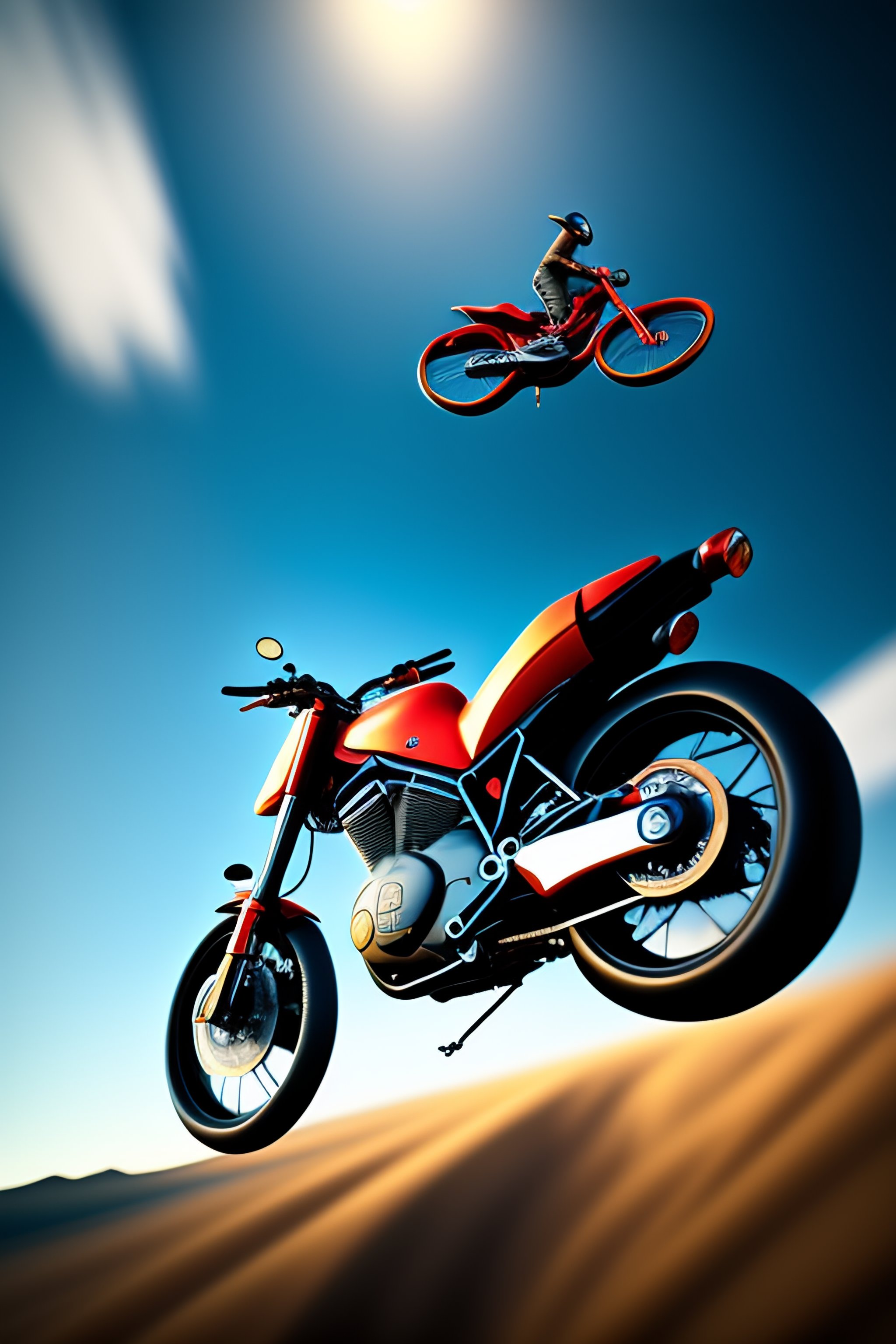 Lexica - A flying bike, the bike is flying in the air, the photo was ...