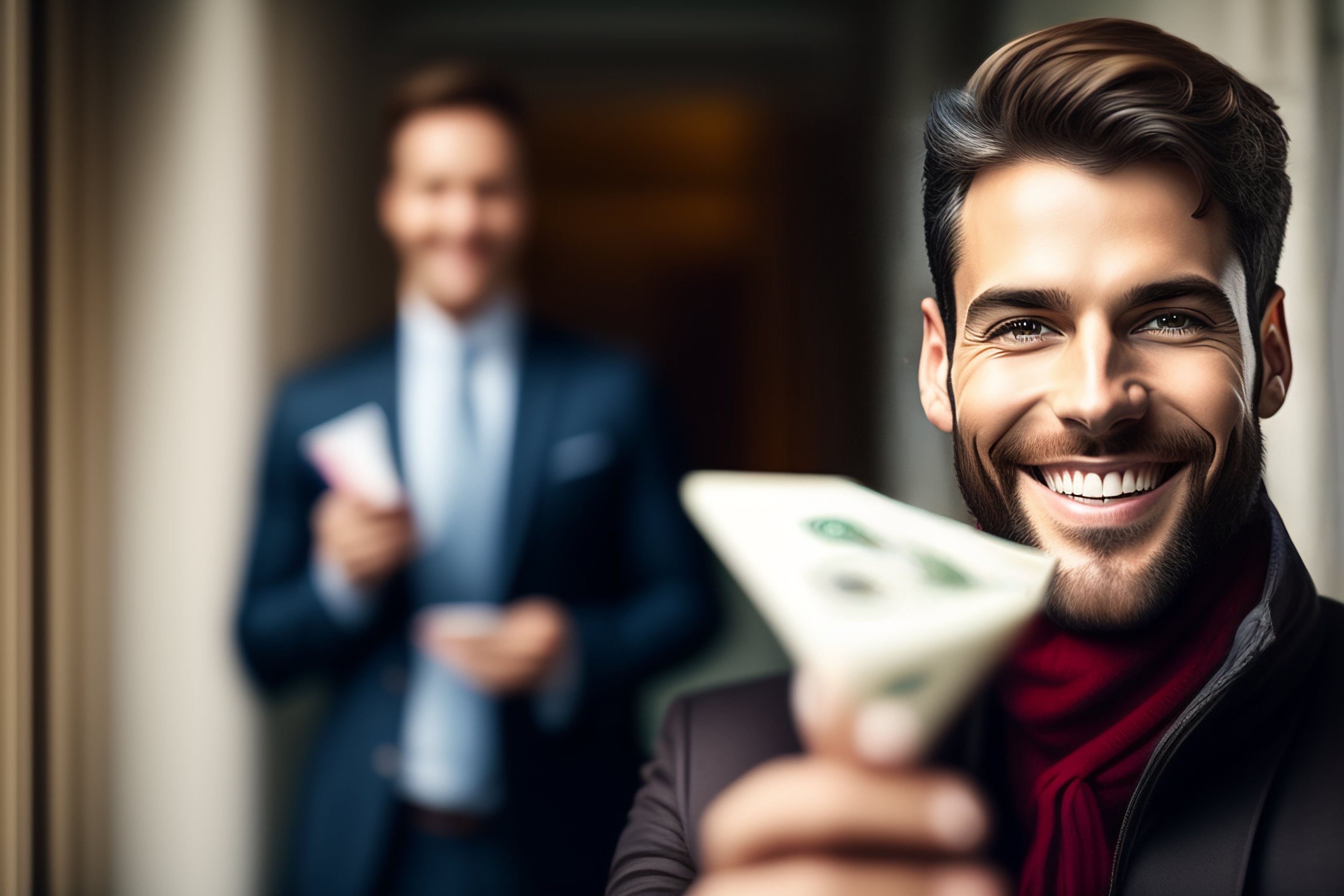 Lexica - A happy and rich white man with banknotes in his hands