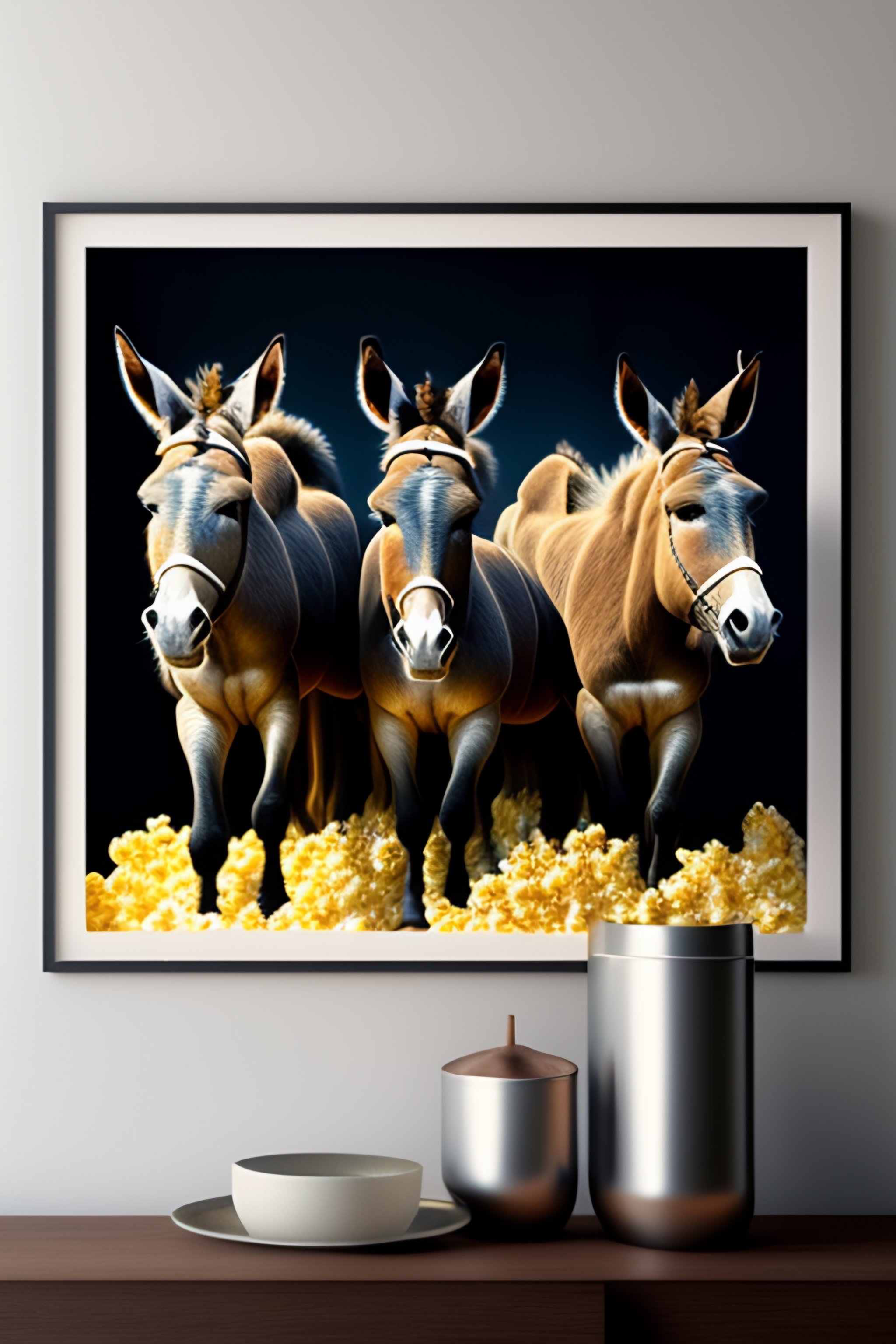 Lexica - A row of happy! donkeys!!! eating popcorn with fascination and ...