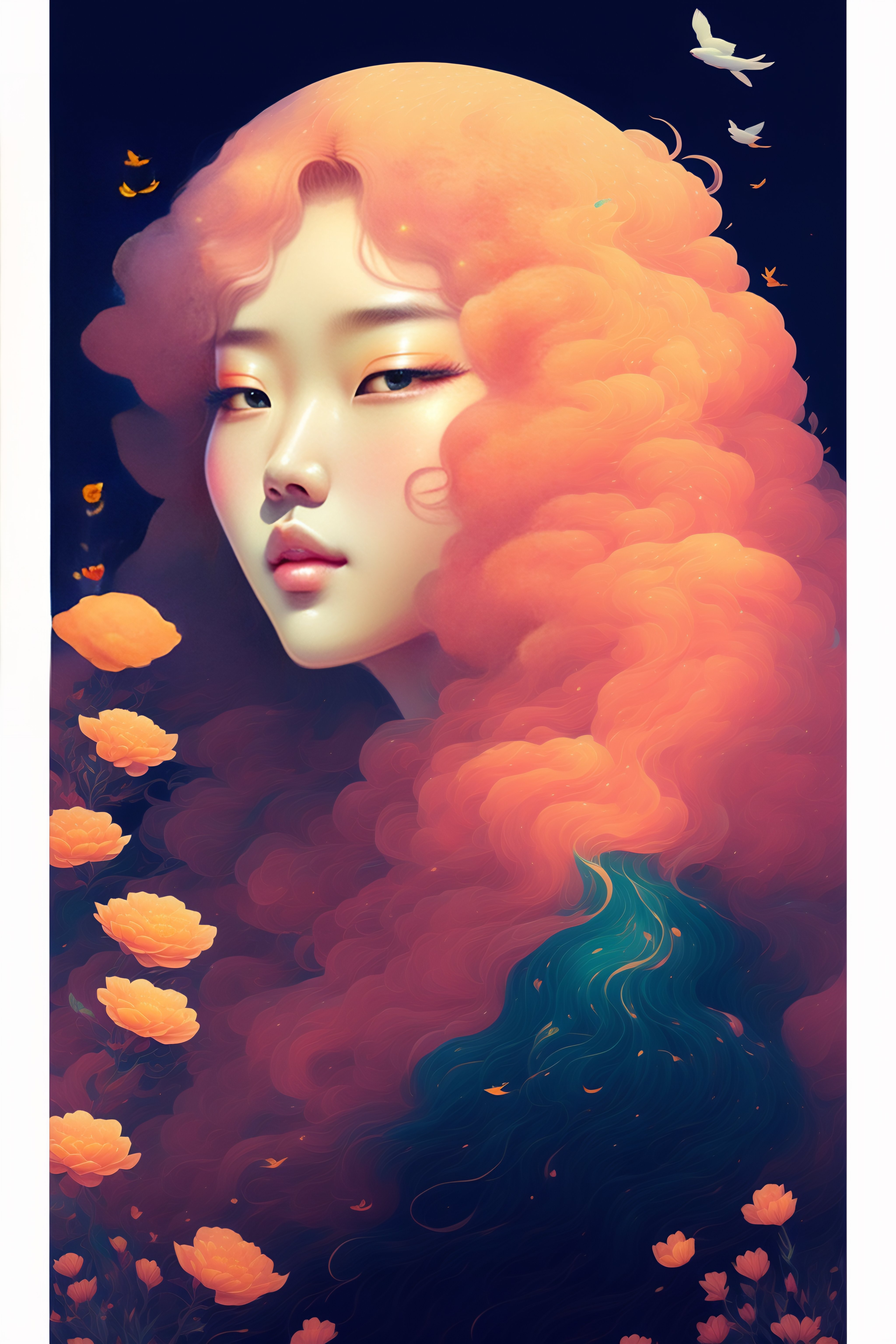 Lexica - Beautiful cute front portrait Korean ninfa, big long curly ...