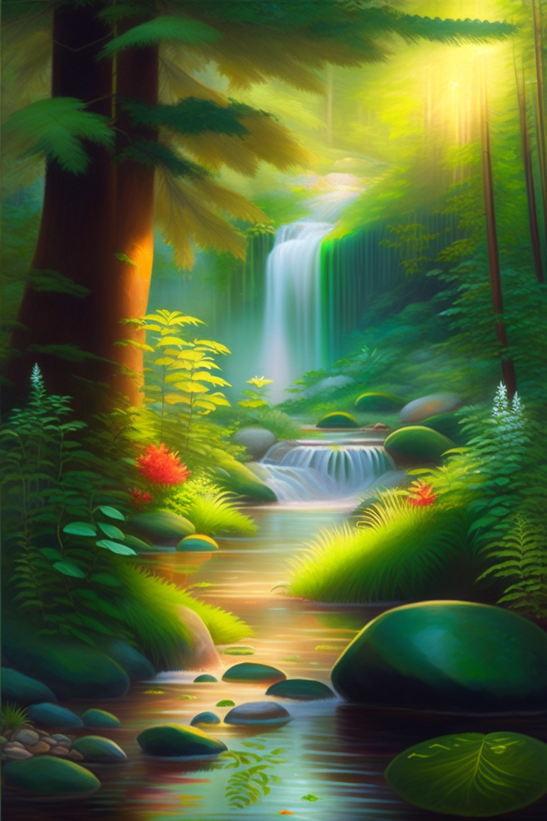 Lexica - In the lush forest, towering emerald trees stretch towards the ...