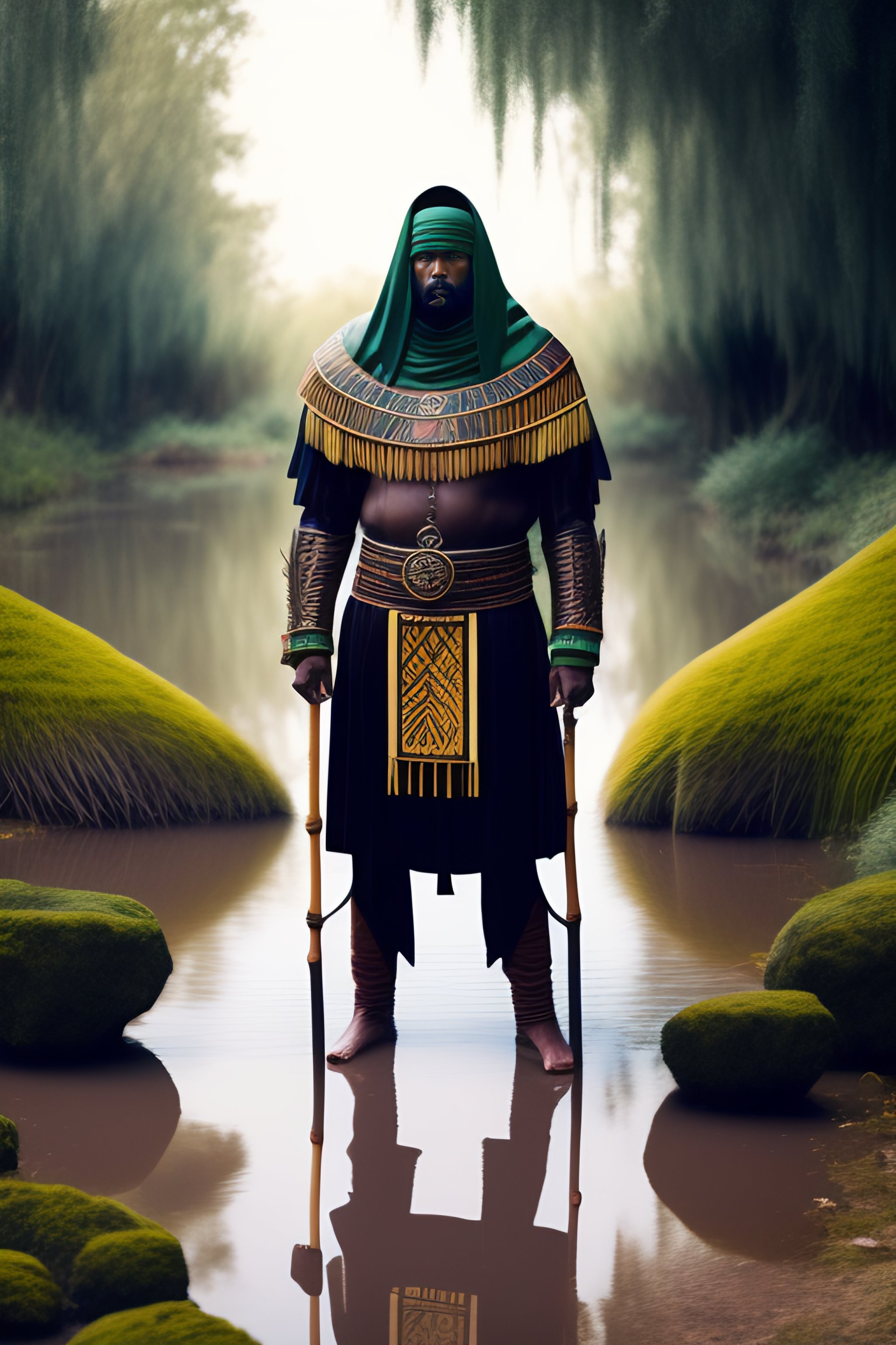 Lexica - Turtle-man standing in a swamp, wearing a tribal outfit, a ...