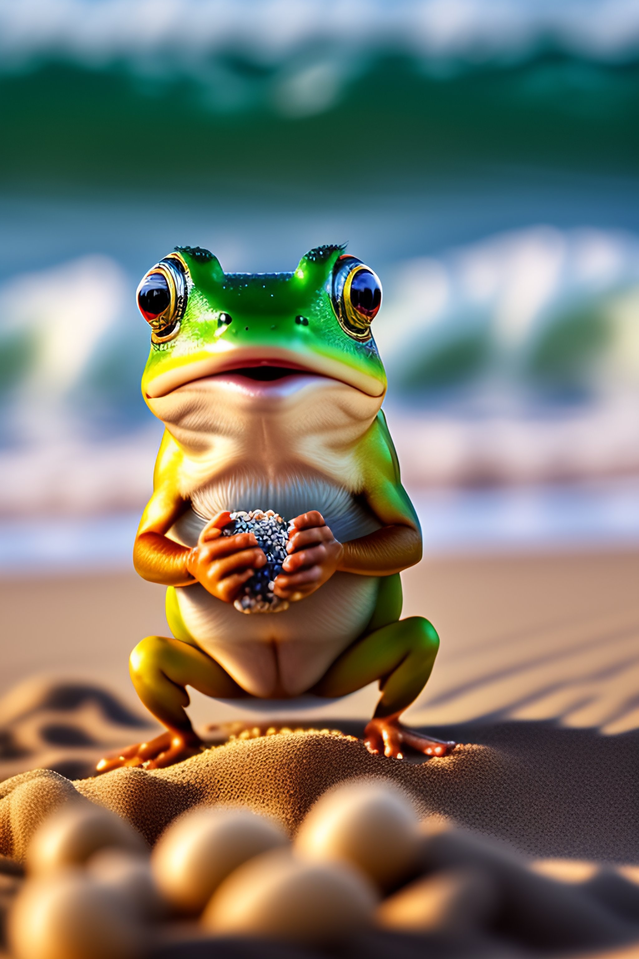 Lexica - A crazy frog eating peanuts on the beach