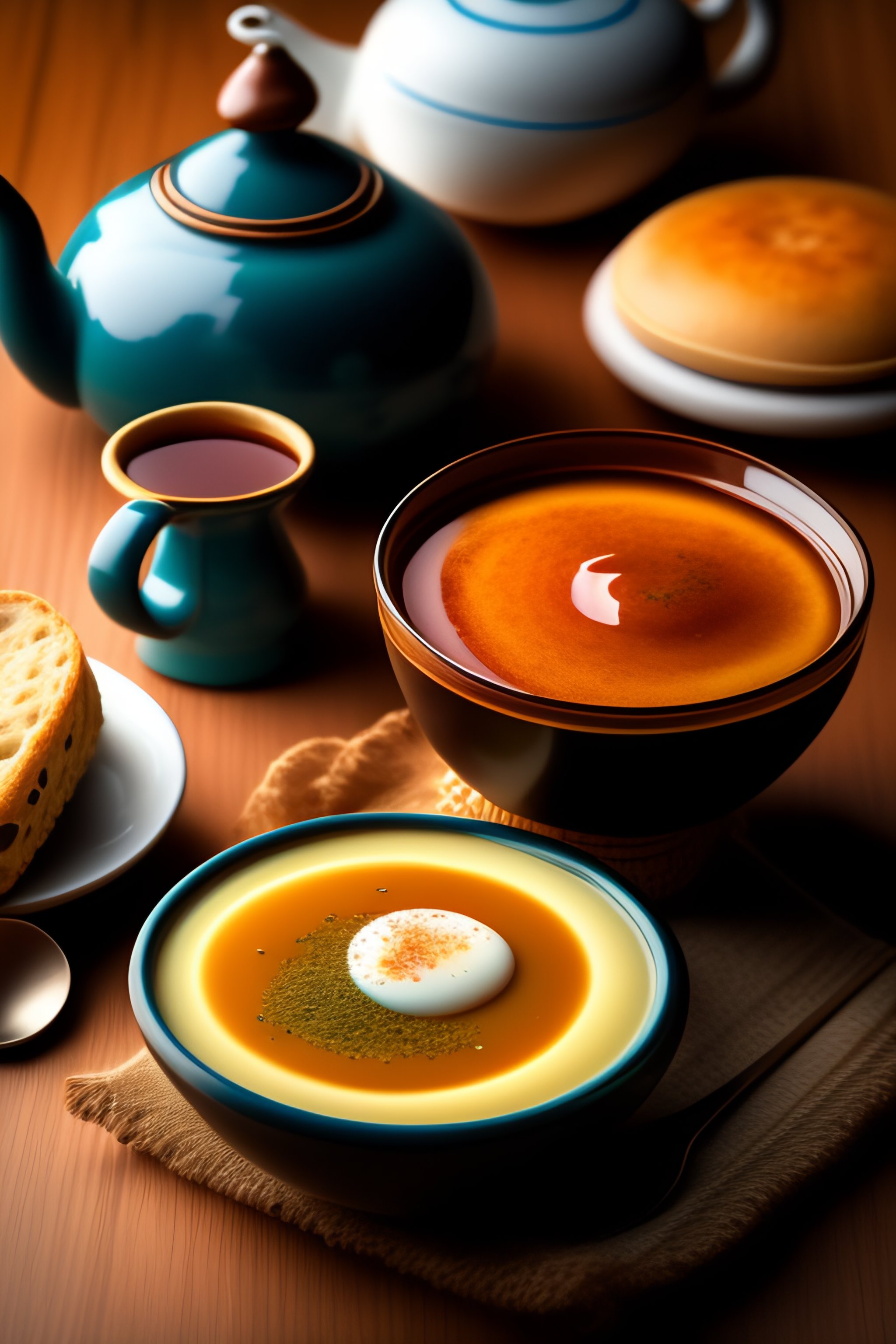 Lexica - Morning breakfast table with tea close up