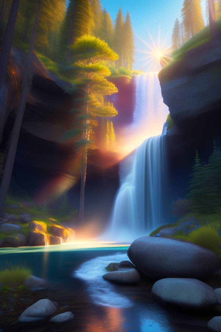 Lexica - Waterfall, sun, blue sky, forest