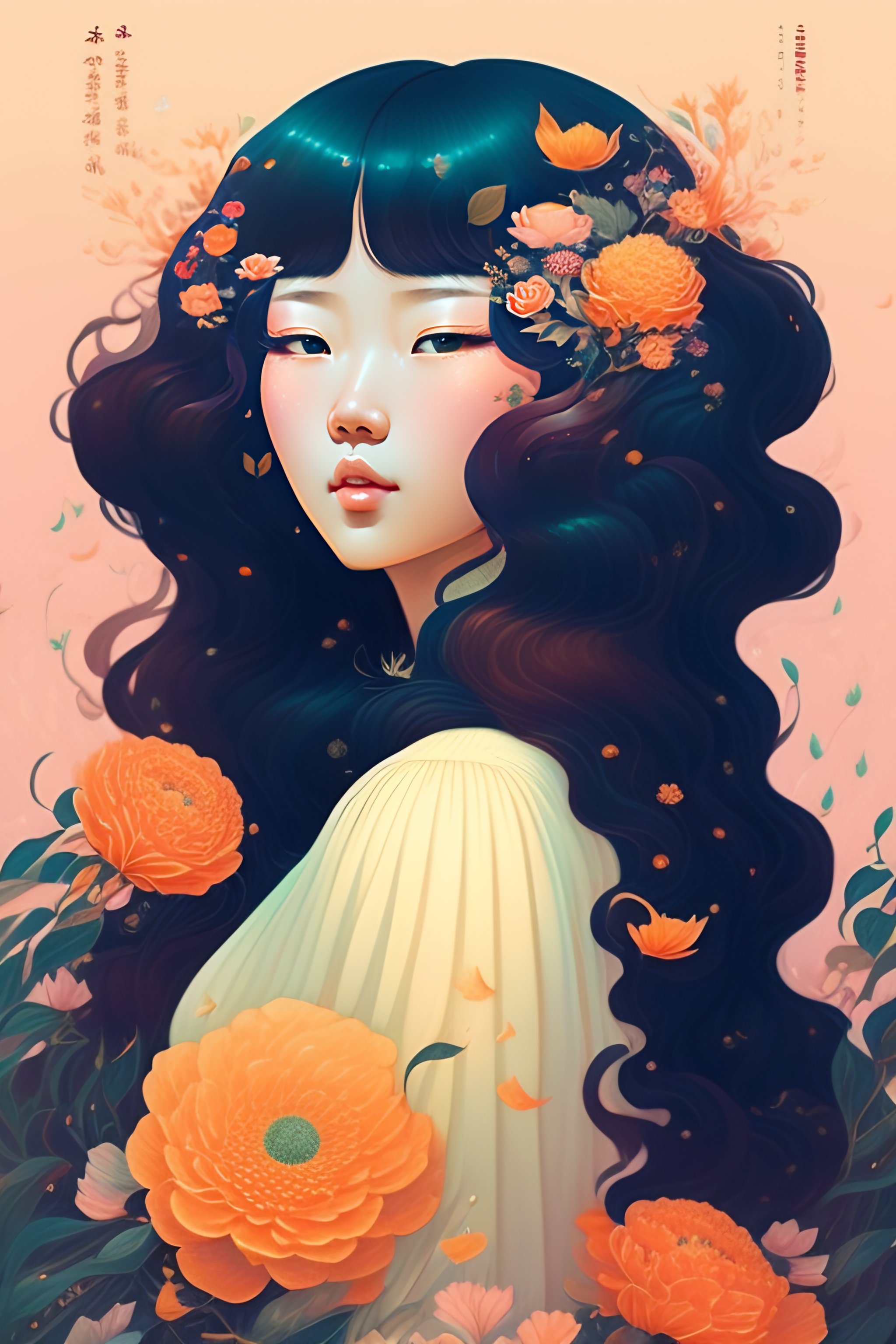 Lexica - Beautiful cute front portrait Korean ninfa, big long curly ...