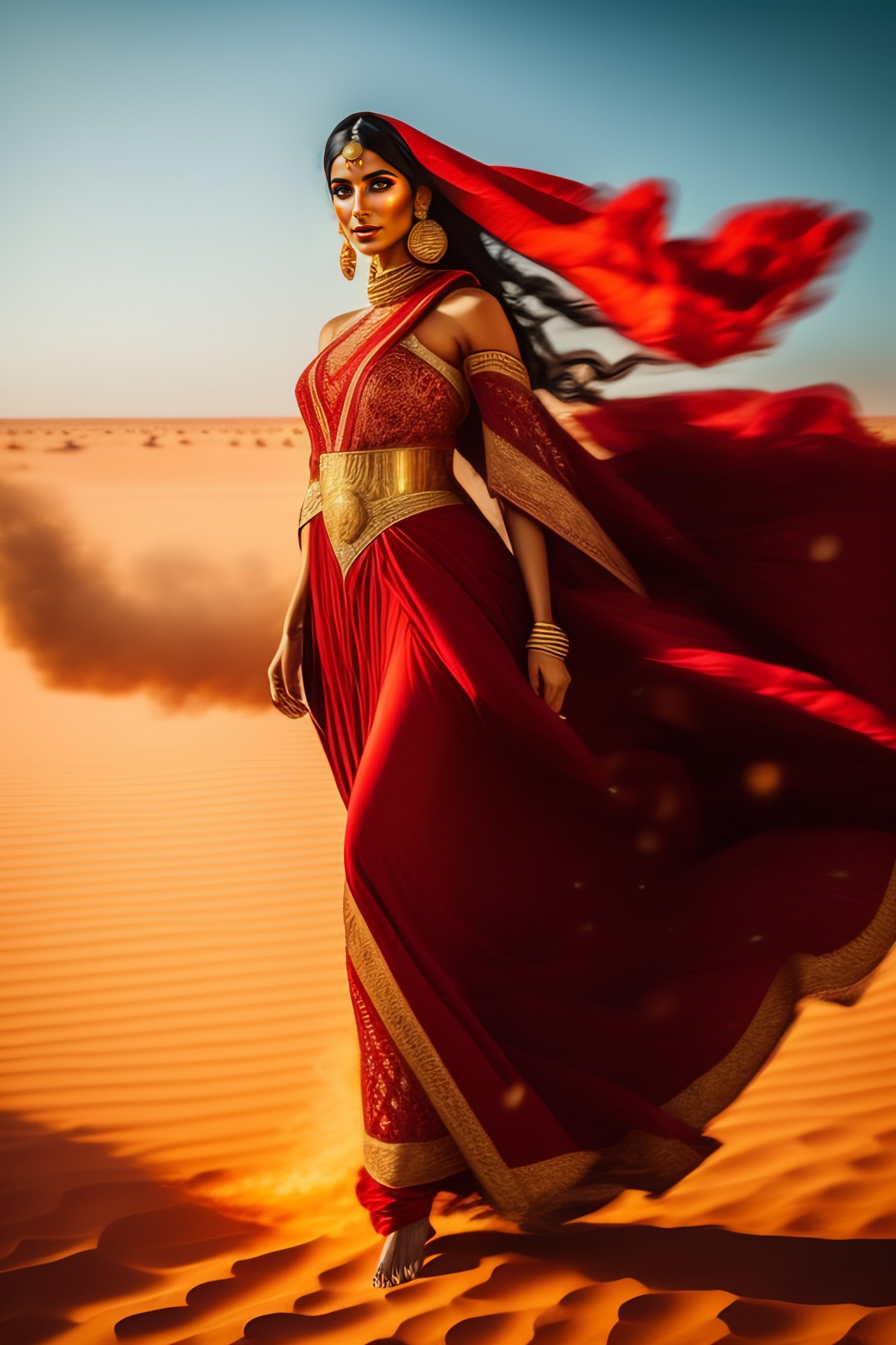 Lexica - Beautiful arabian woman wearing red and gold dress and black ...