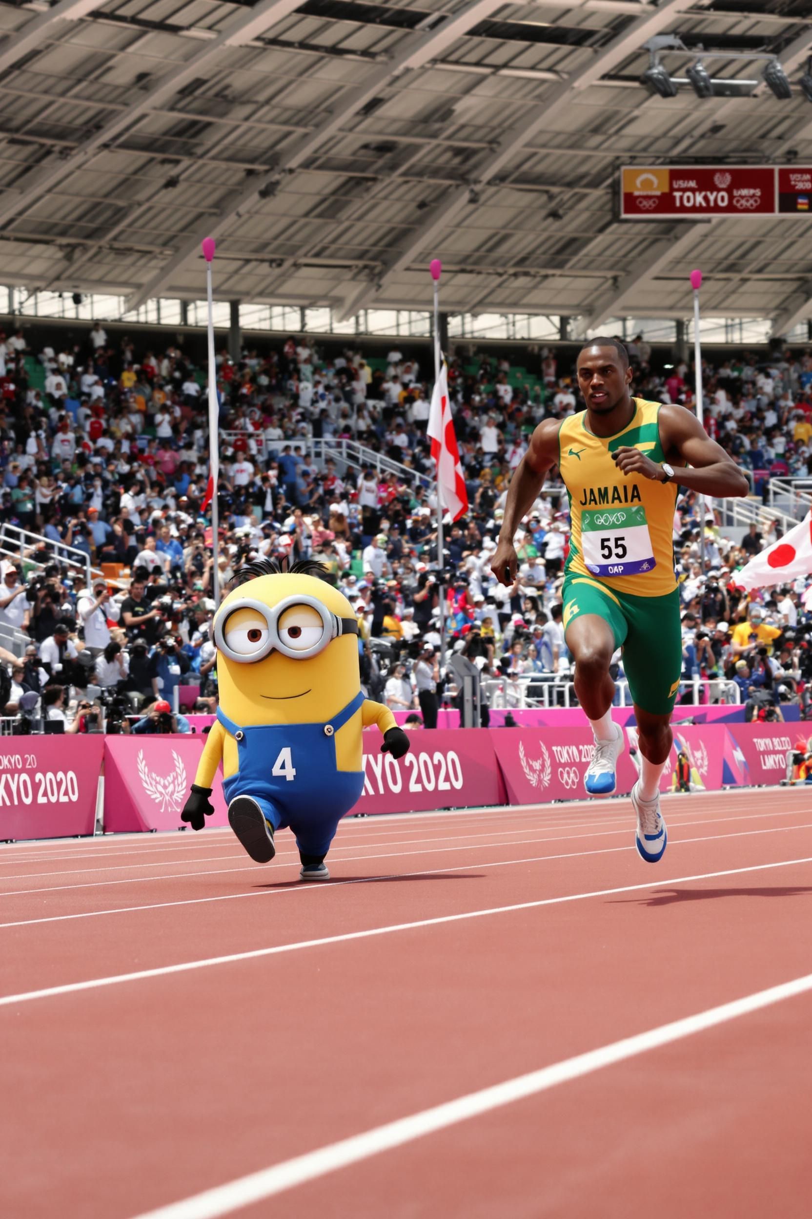 Lexica - A sports photograph of a Minion runs against Usain Bolt at the ...