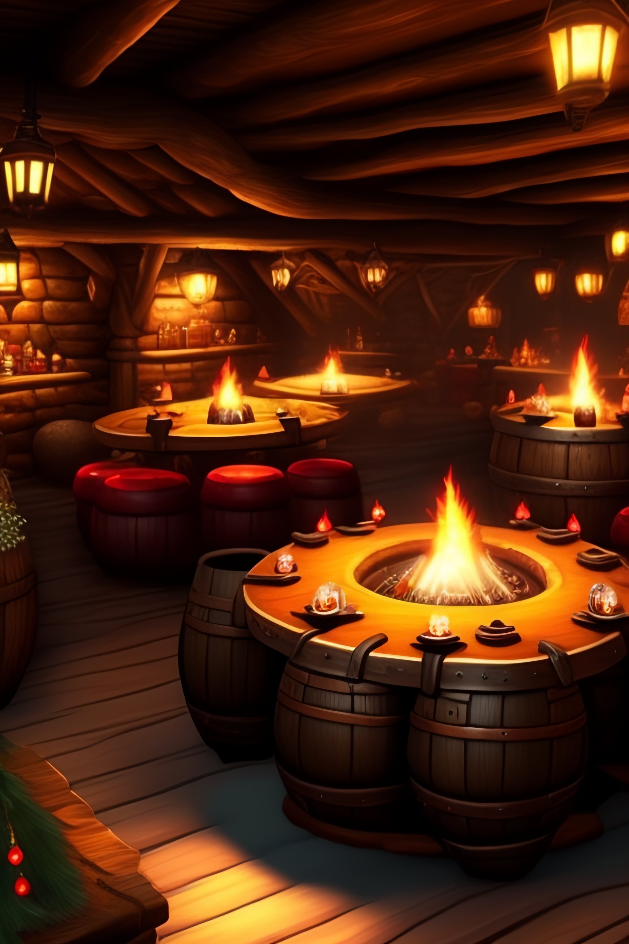 Lexica - A cozy and warm Tavern with a dwarf-themed decor. The walls are adorned with shields ...