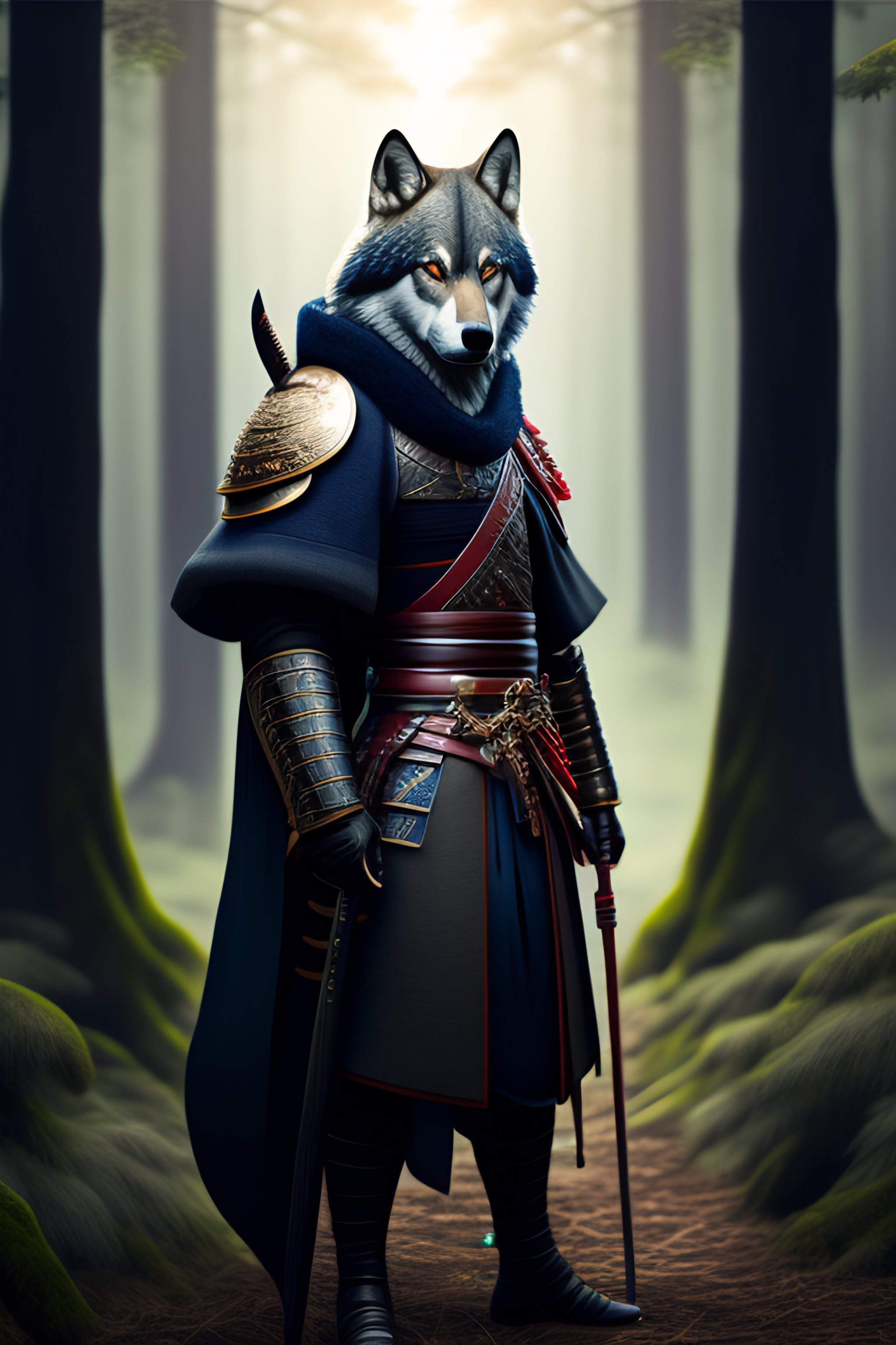 Lexica - Photorealistic Japanese samurai with wolf head holding a sword in the woods, ((full ...