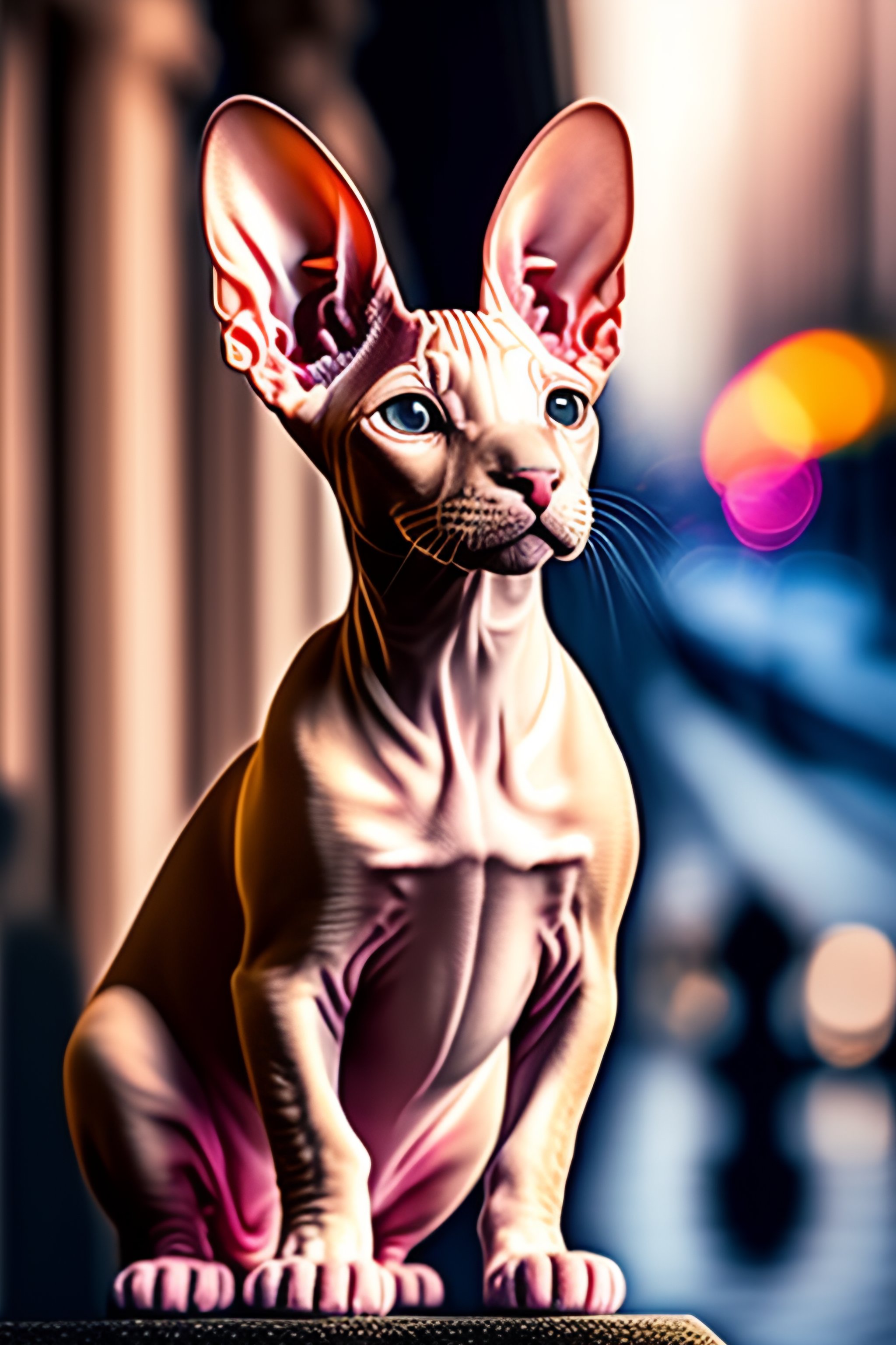 Lexica - Baby pink sphynx standing in front of munich city, munich city ...