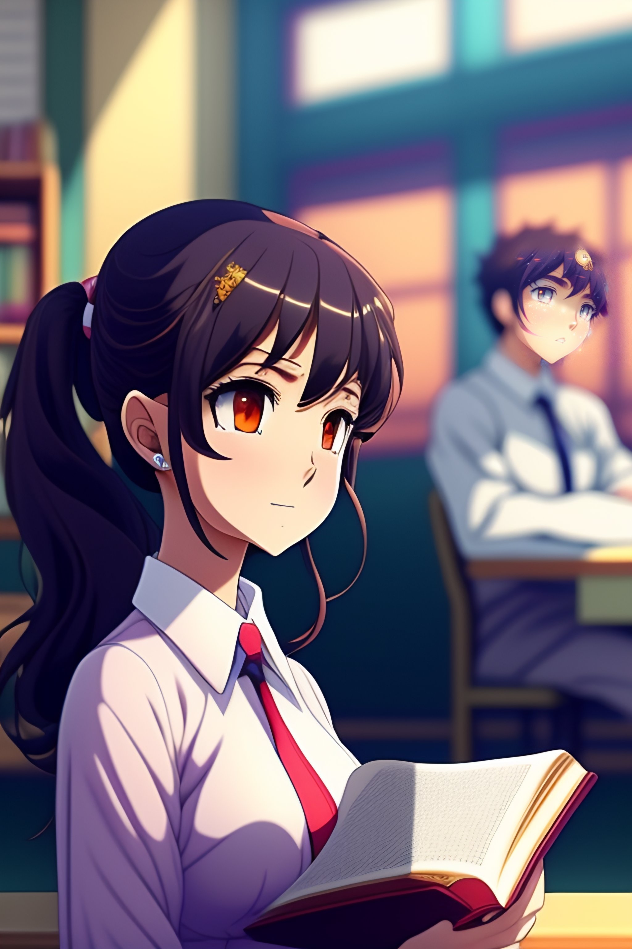 Lexica - Beautiful teacher, classroom, anime style, book in hand, warm