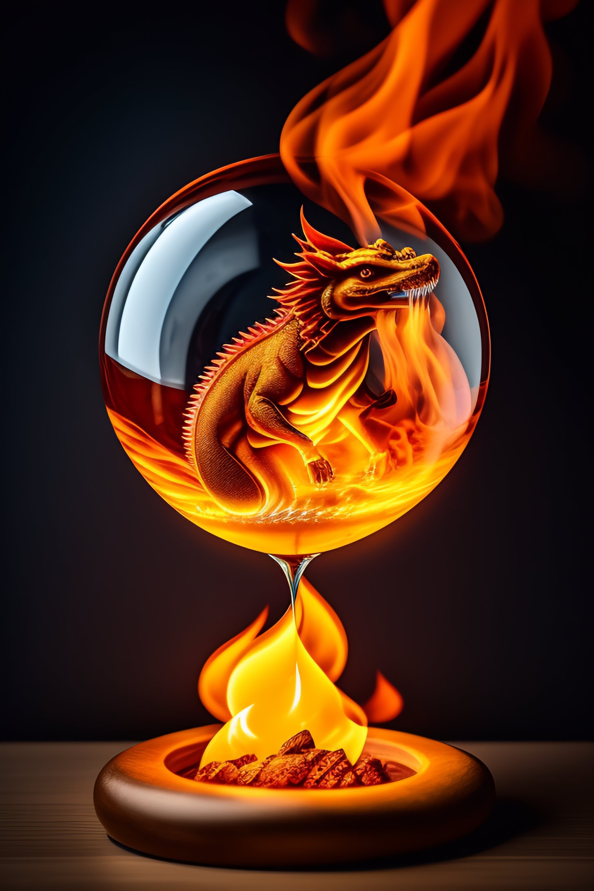 Lexica - Fire throwing dragon inside a glass ball on a table, fantasy ...