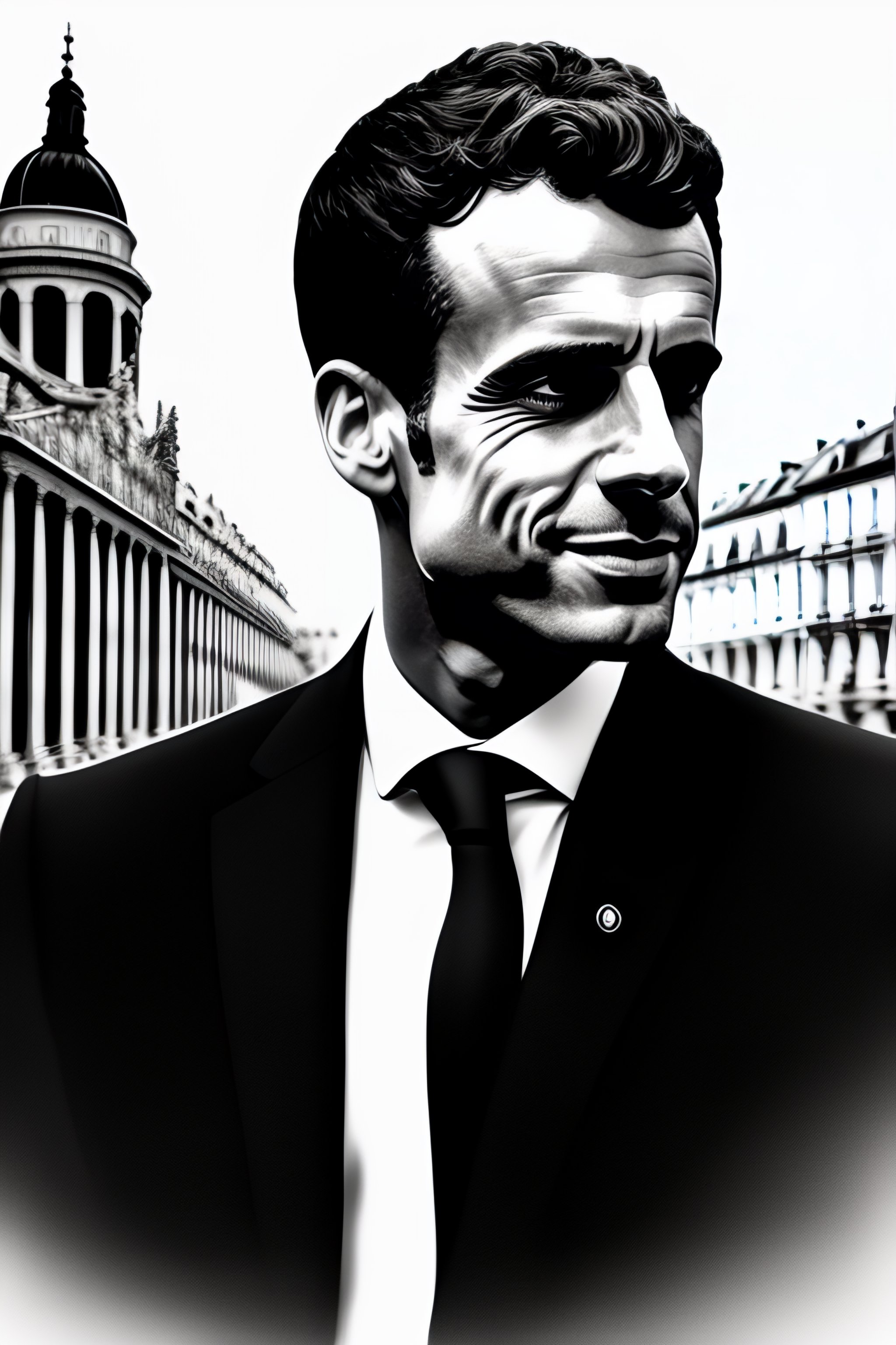 Lexica - Black and white drawing of Emmanuel Macron standing facing us ...