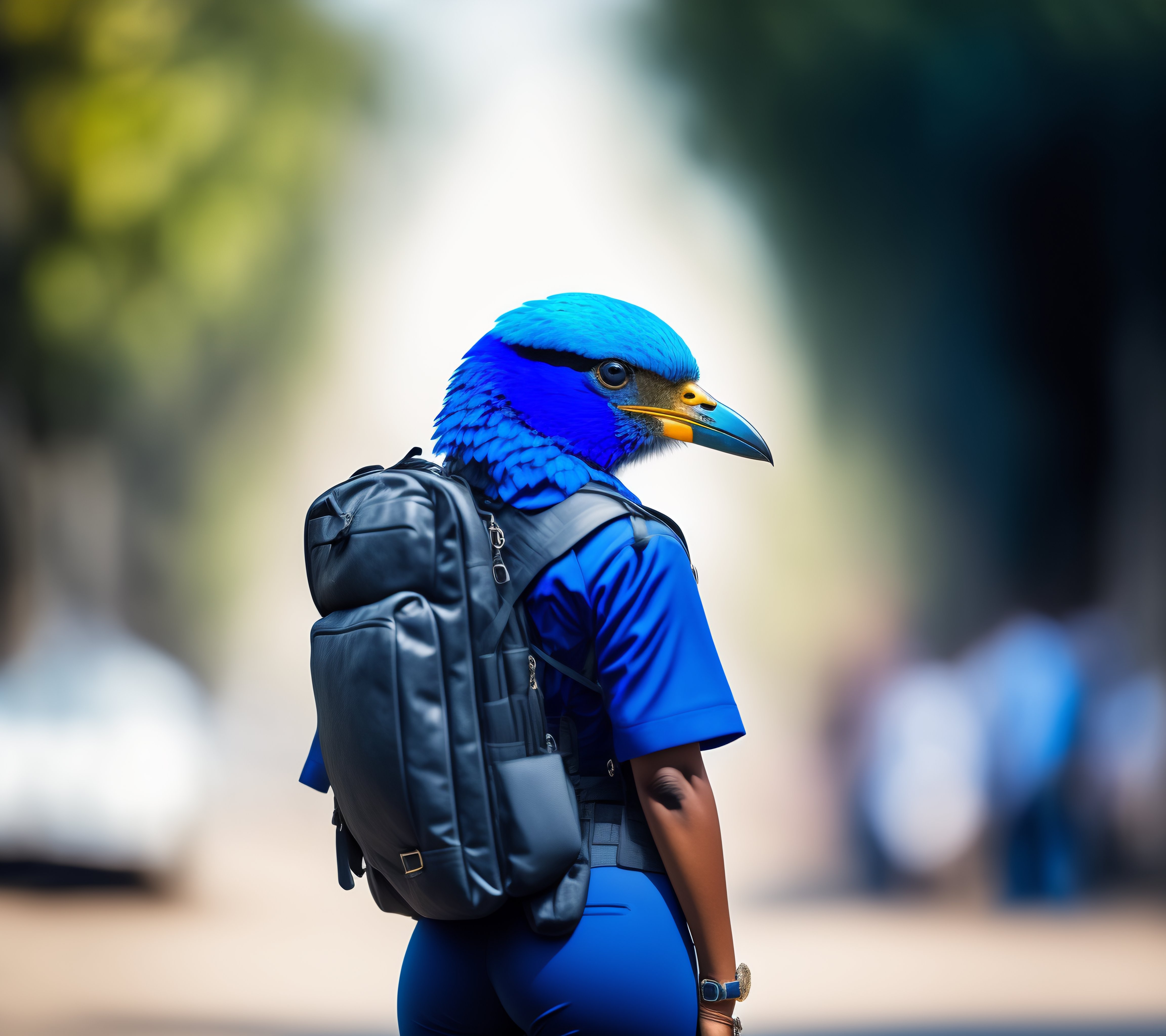 Lexica - Blue female humanoid bird wearing white tshirt and black shiny ...