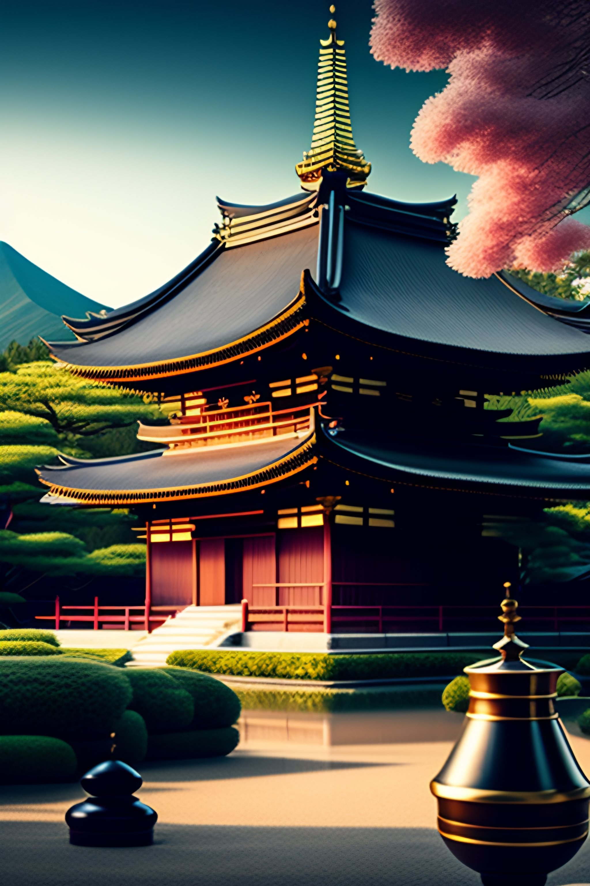 Lexica - Japanese temple background with an arena with a matt like ...