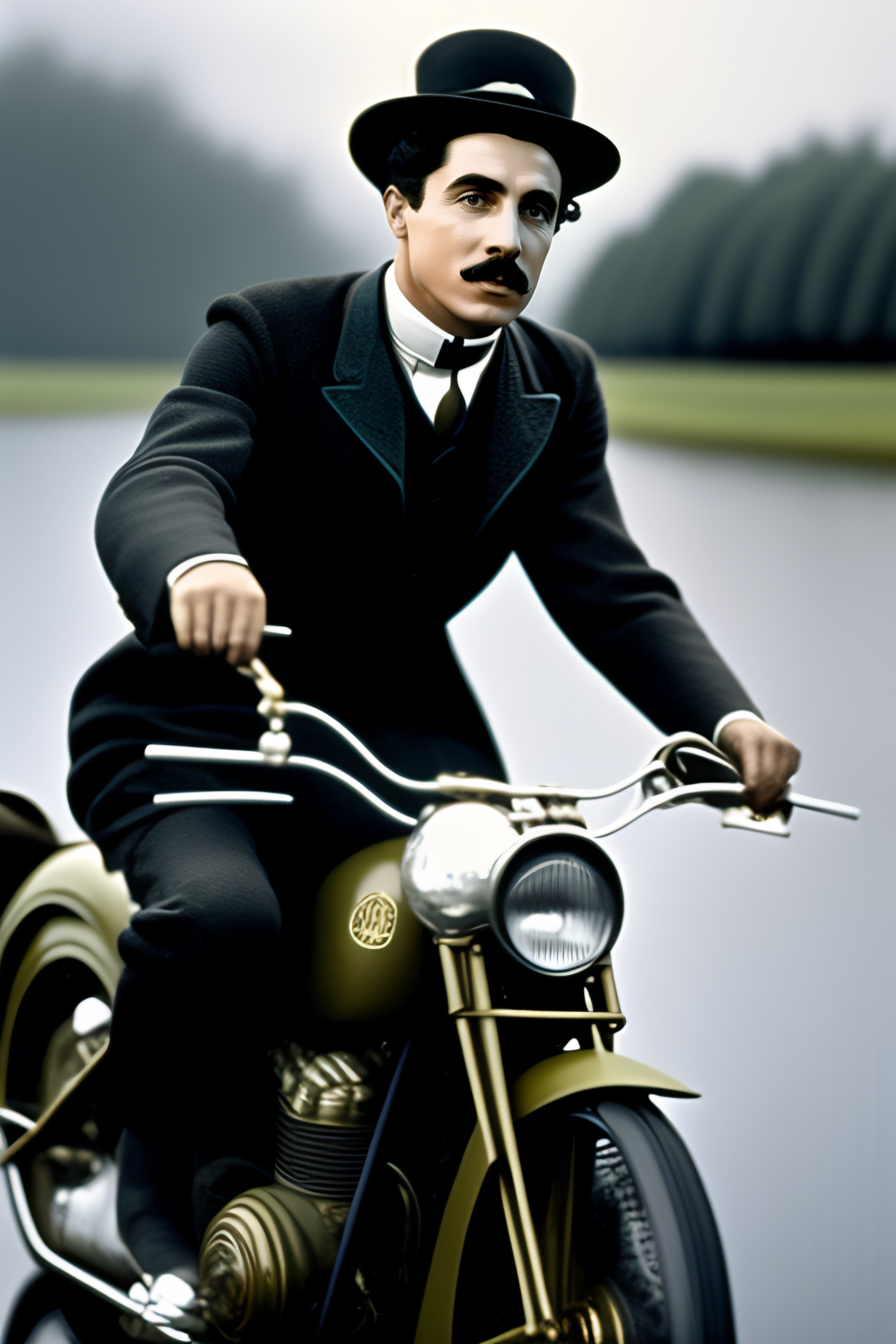 Lexica - Charlie Chaplin driving a motorbike on a water surface while ...