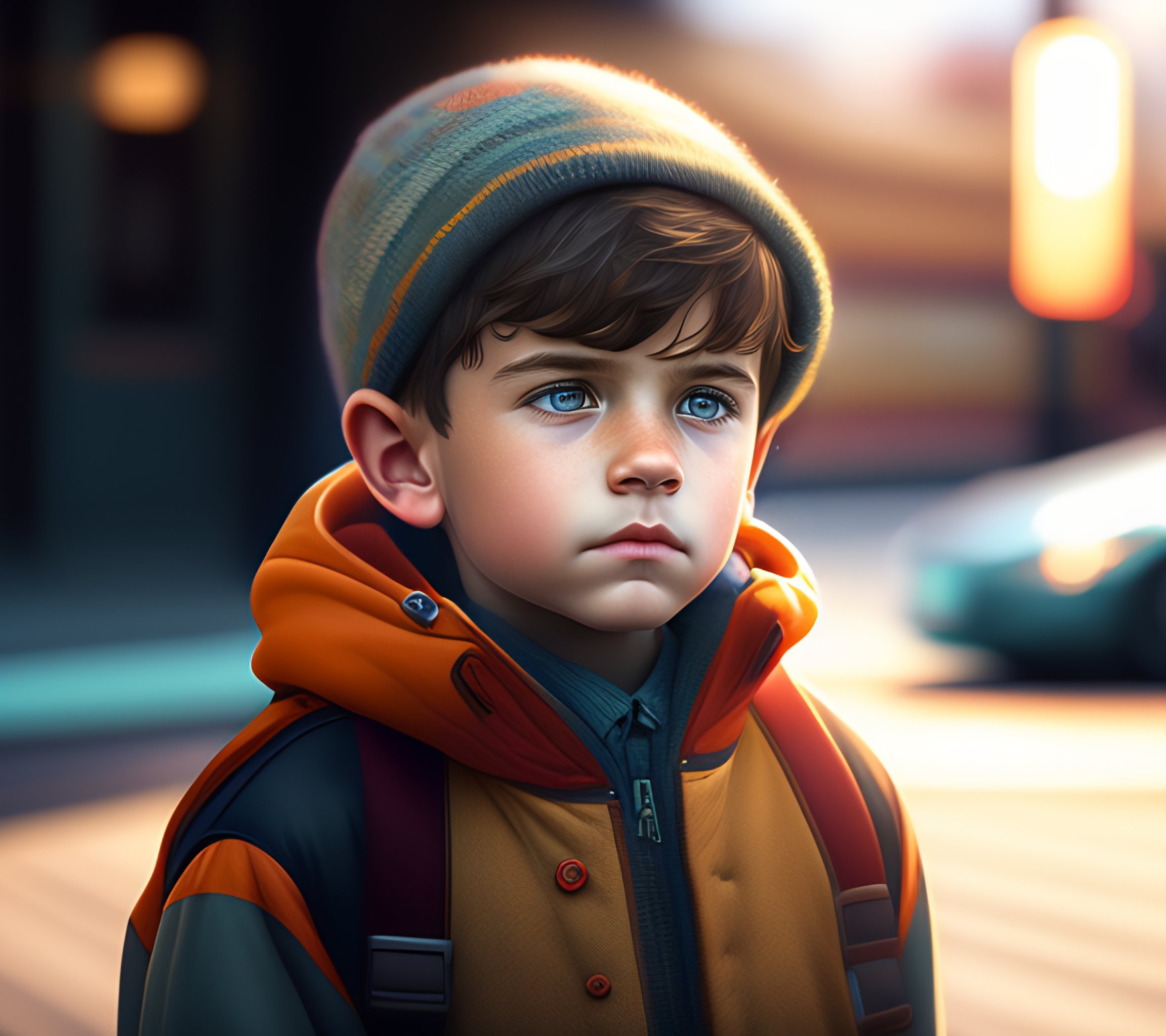 Lexica - A boy with luffing face waiting for bustation wearing huddy ...